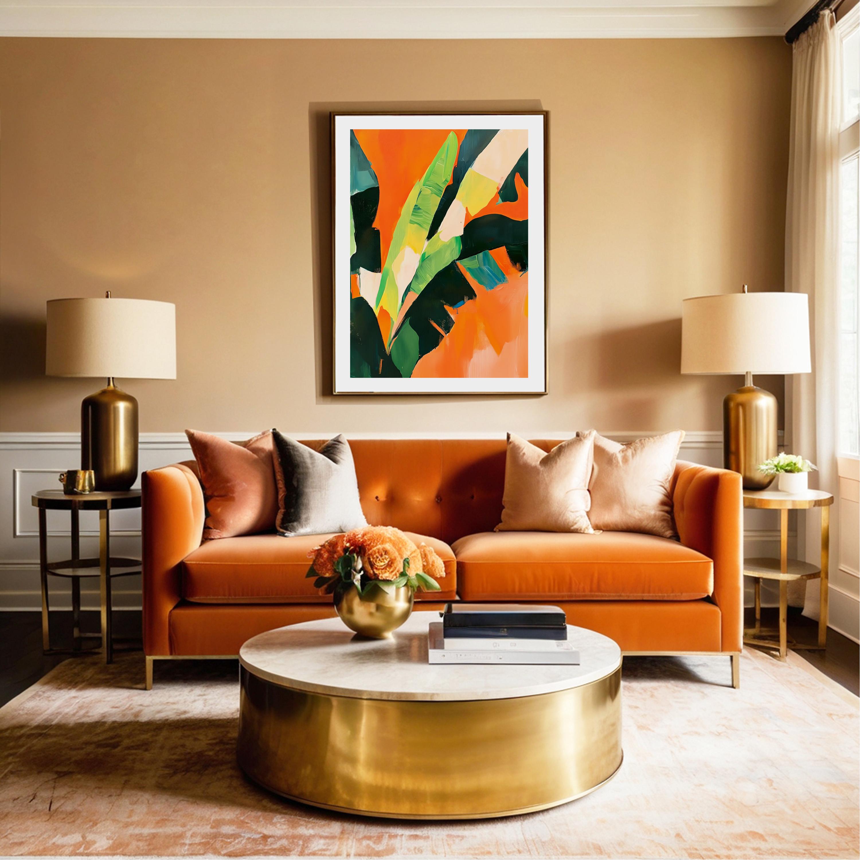 Bold Banana Leaves Abstract Art, Orange Background Art Poster ...