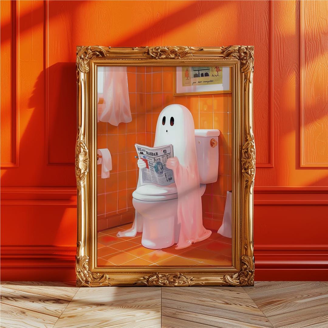 Cute Ghost on Toilet Halloween Art Print Poster, Maximalist Halloween ...