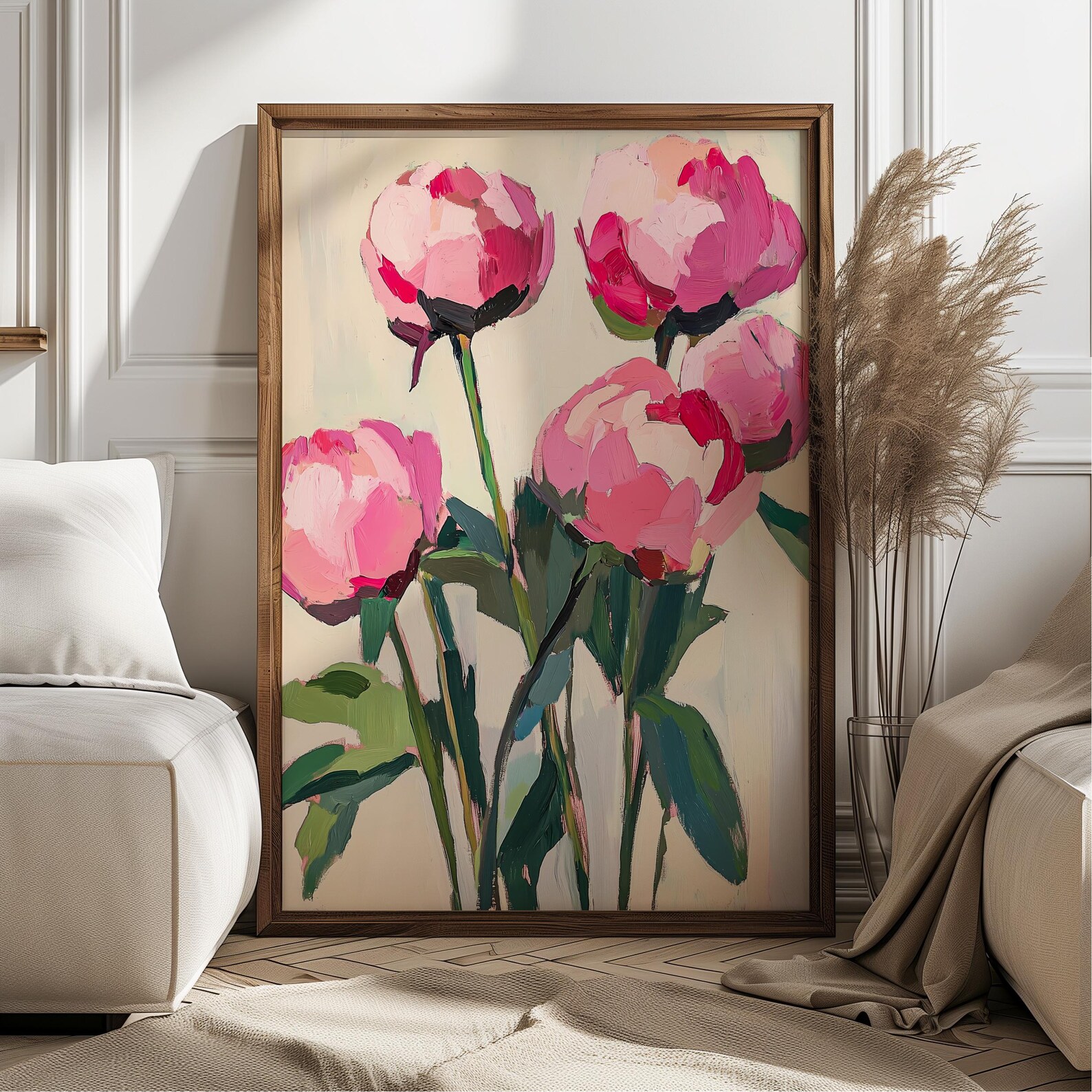 Pink Peony Wall Art, Minimalist Floral Print, Palette Knife Painting ...
