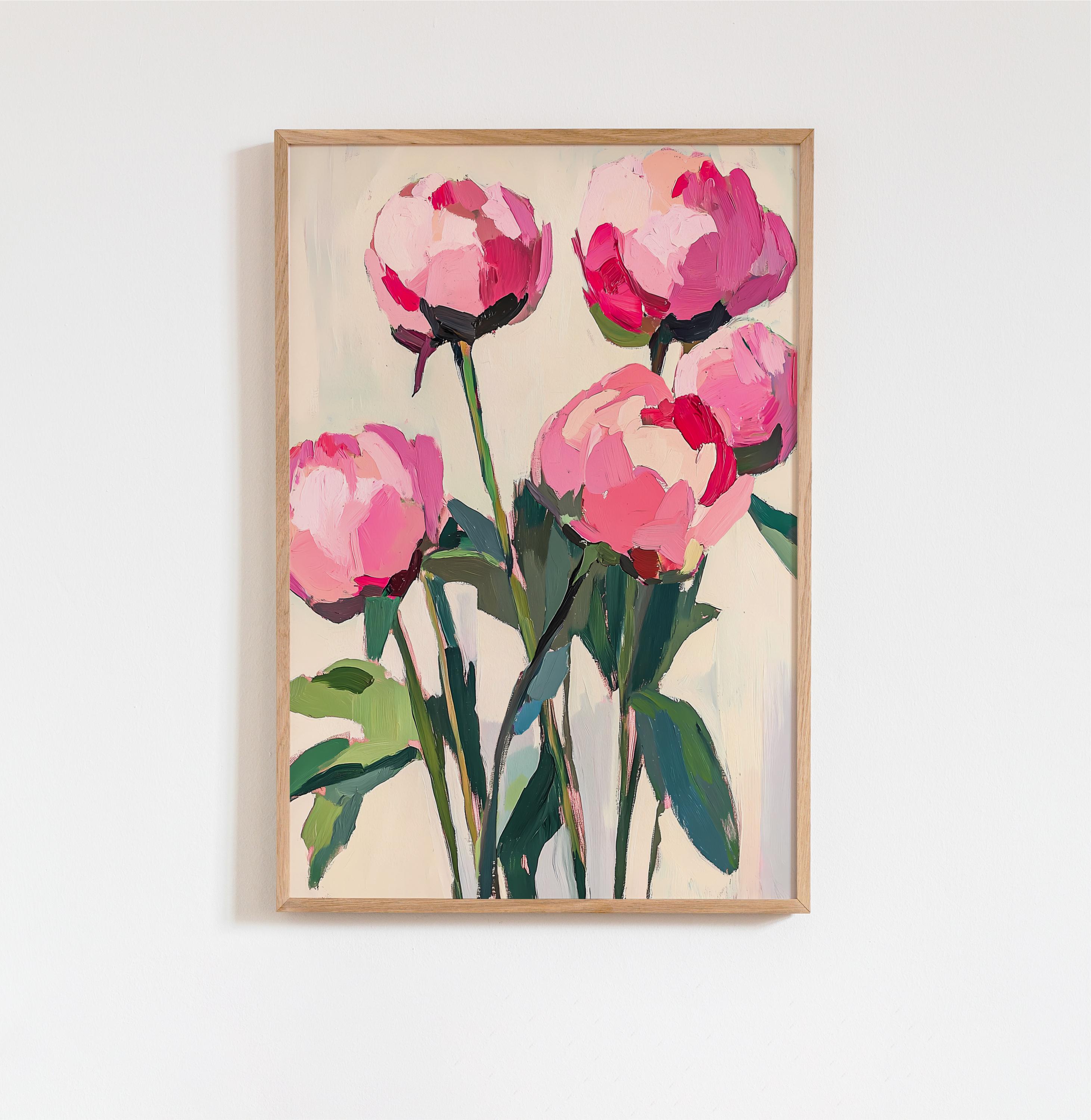 Pink Peony Wall Art, Minimalist Floral Print, Palette Knife Painting ...