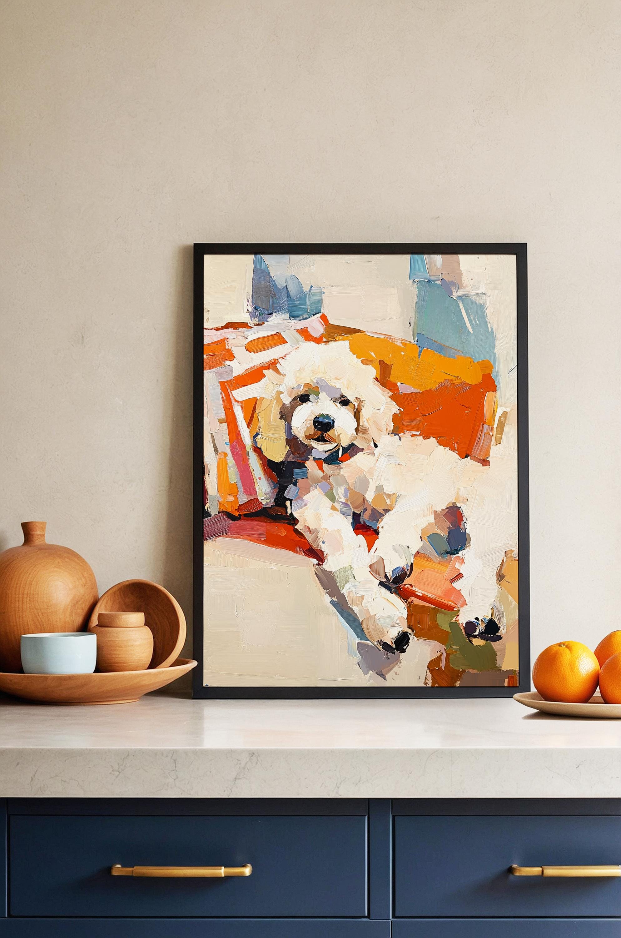 Poodle Oil Painting on Couch, Minimalist Abstract Dog Wall Art, Modern ...