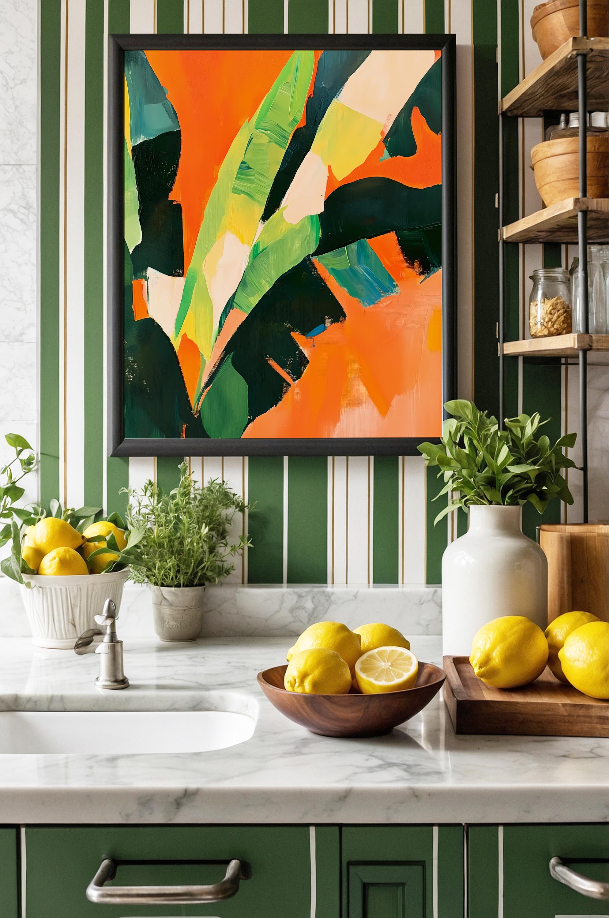 Bold Banana Leaves Abstract Art, Orange Background Art Poster ...