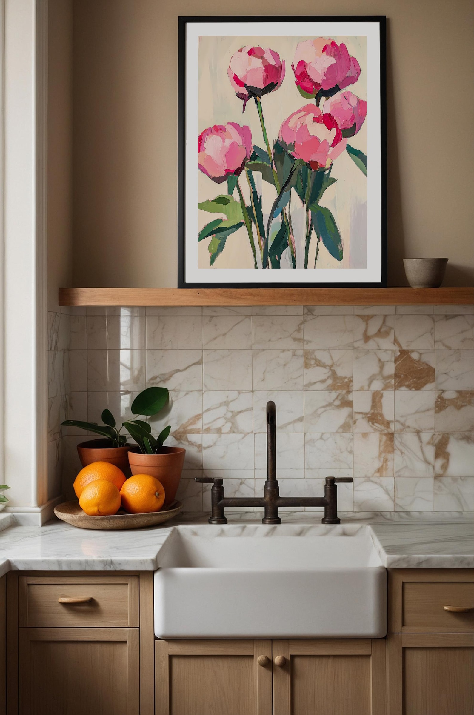 Pink Peony Wall Art, Minimalist Floral Print, Palette Knife Painting ...