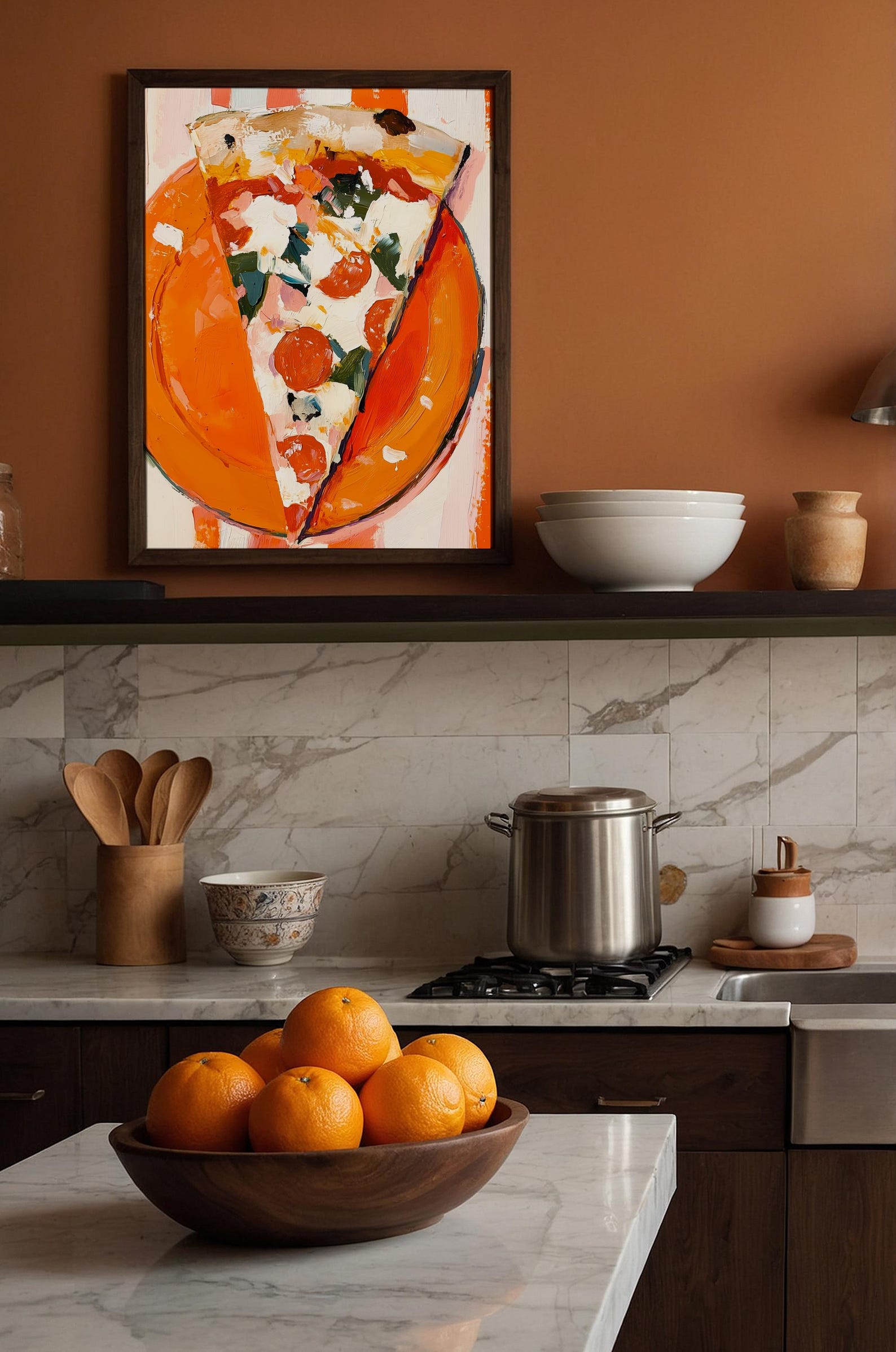 Pizza Kitchen Wall Art, Italian Food Poster, Pizza on Orange Plate ...