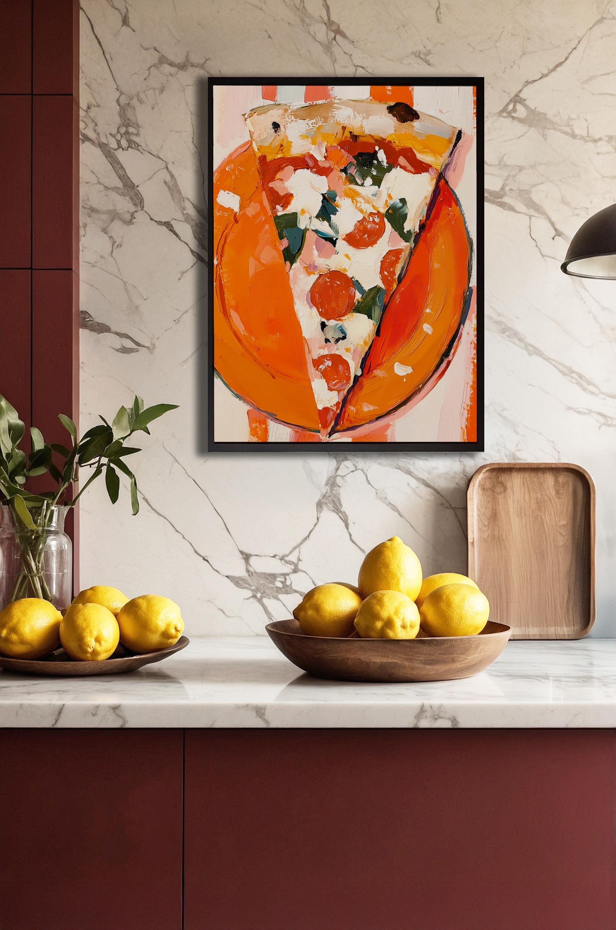 Pizza Kitchen Wall Art, Italian Food Poster, Pizza on Orange Plate ...