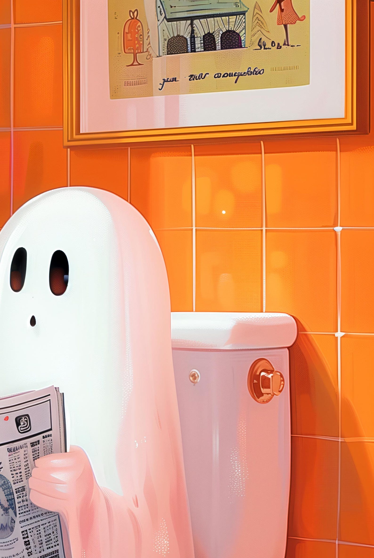 Cute Ghost on Toilet Halloween Art Print Poster, Maximalist Halloween ...