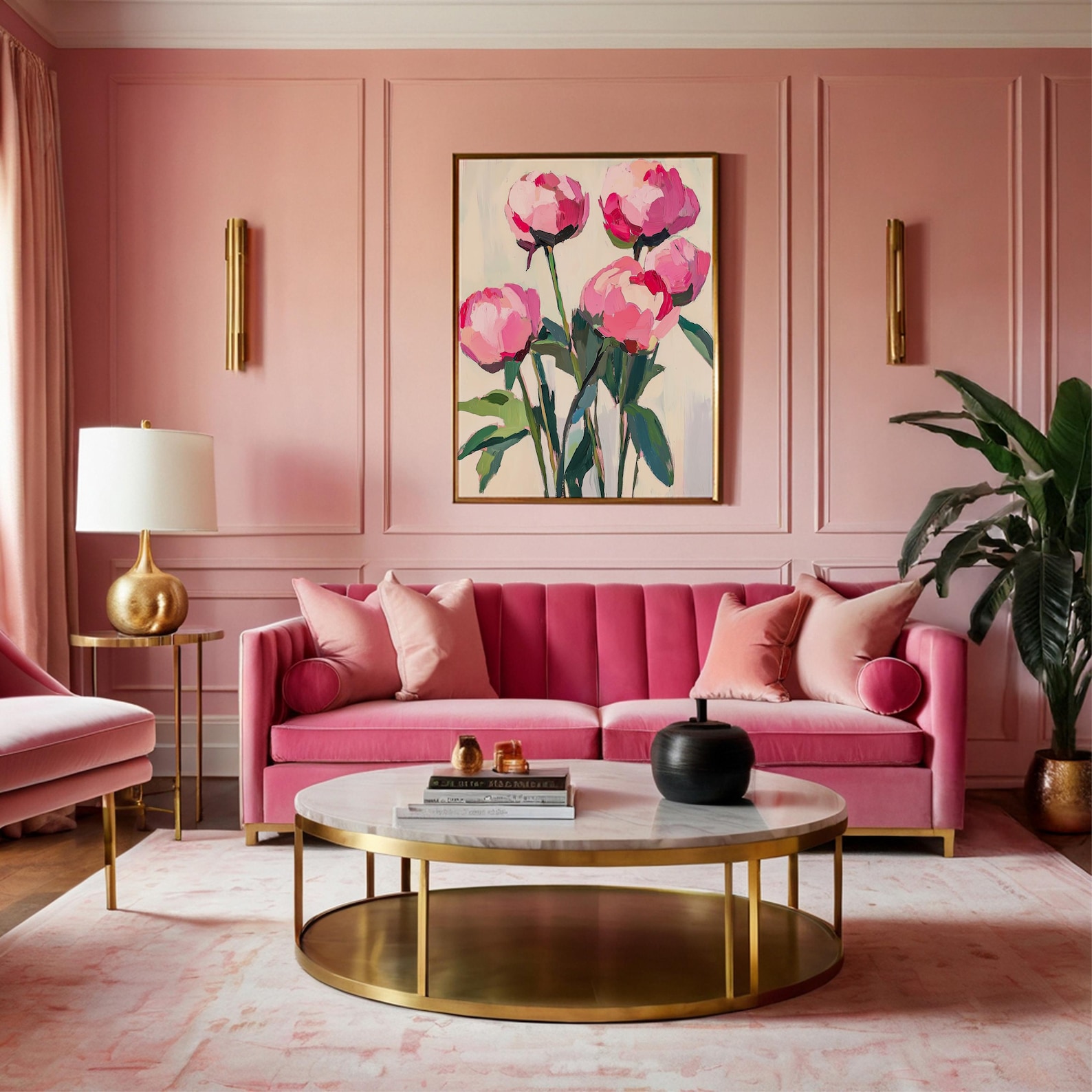 Pink Peony Wall Art, Minimalist Floral Print, Palette Knife Painting ...