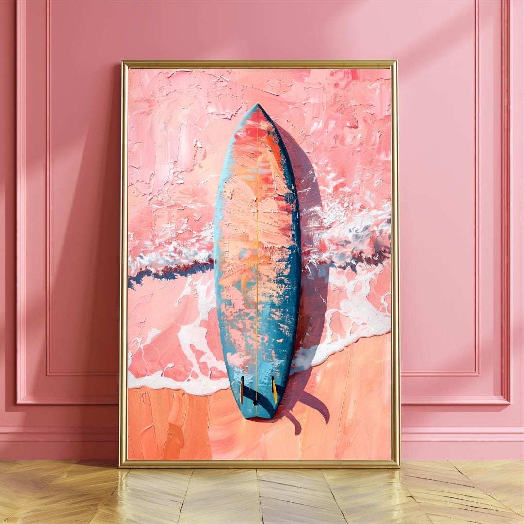 Vibrant Pink Surfboard Art Print, Coastal Beach House Decor, Girly ...