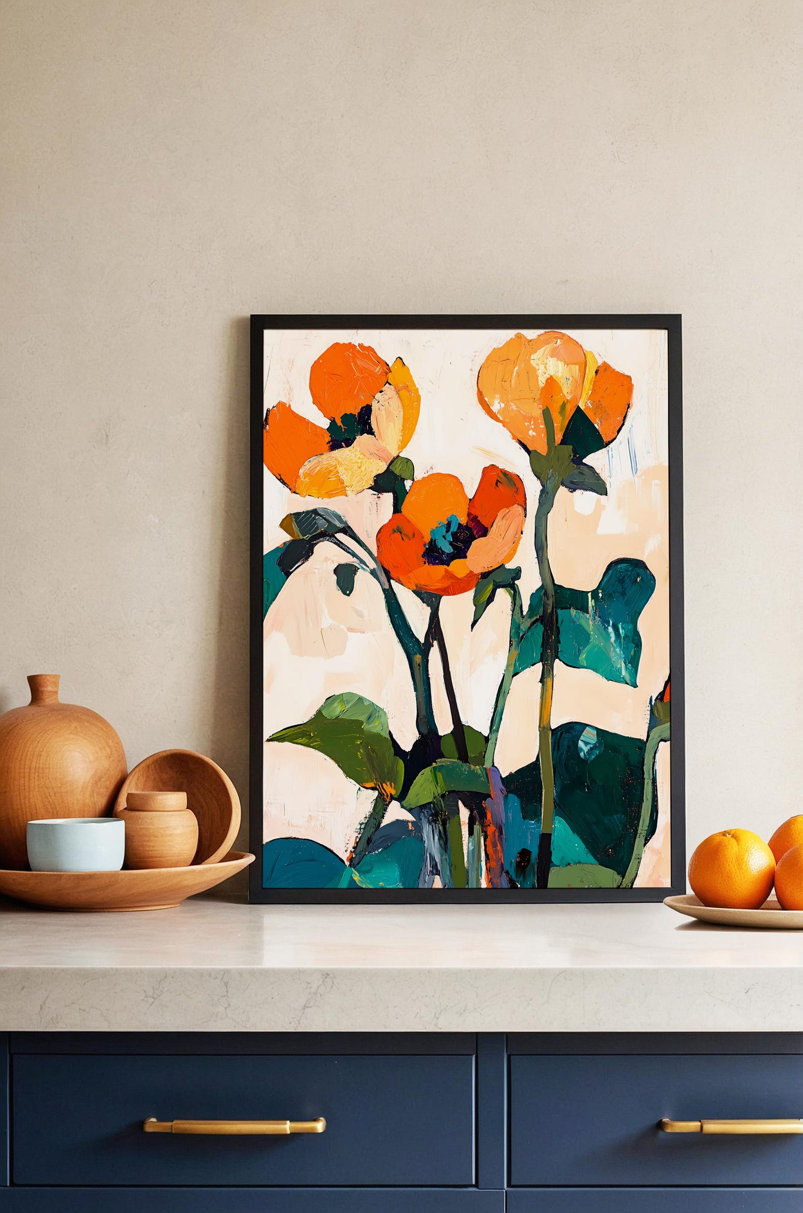 Abstract Orange Flowers Matisse Style Wall Art, Bold Minimal Floral ...