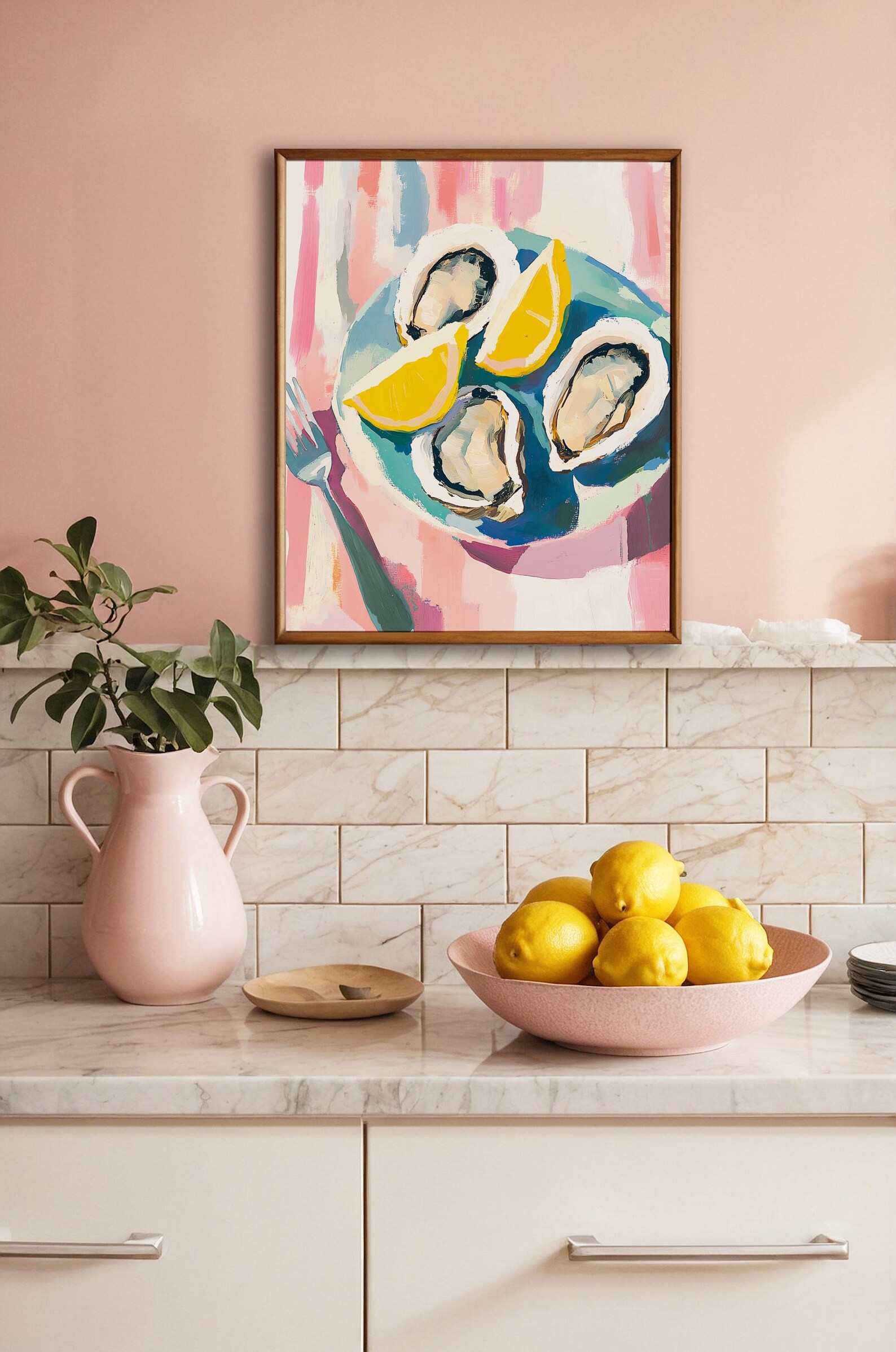 Pink Oyster Plate Art Poster, Kitchen Bar Wall Print, Summer Restaurant ...