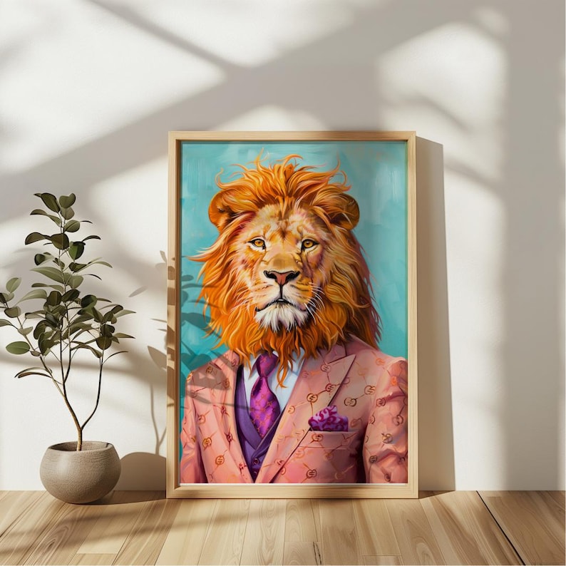 Lion in Suit Art Print, Funky Fashion Wall Decor, Maximalist Funny ...