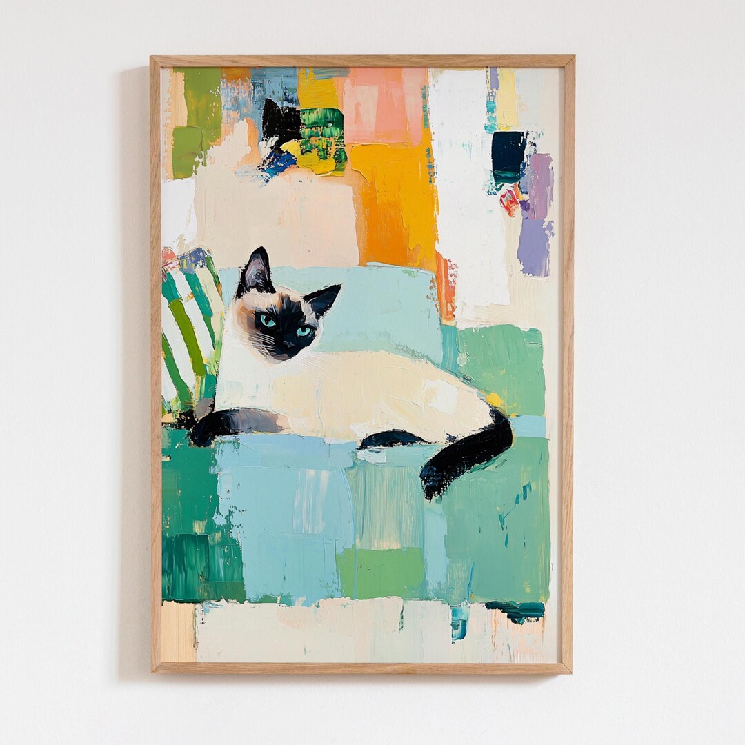 Semi Abstract Siamese Cat Painting on Couch, Colorful Impressionist Oil ...