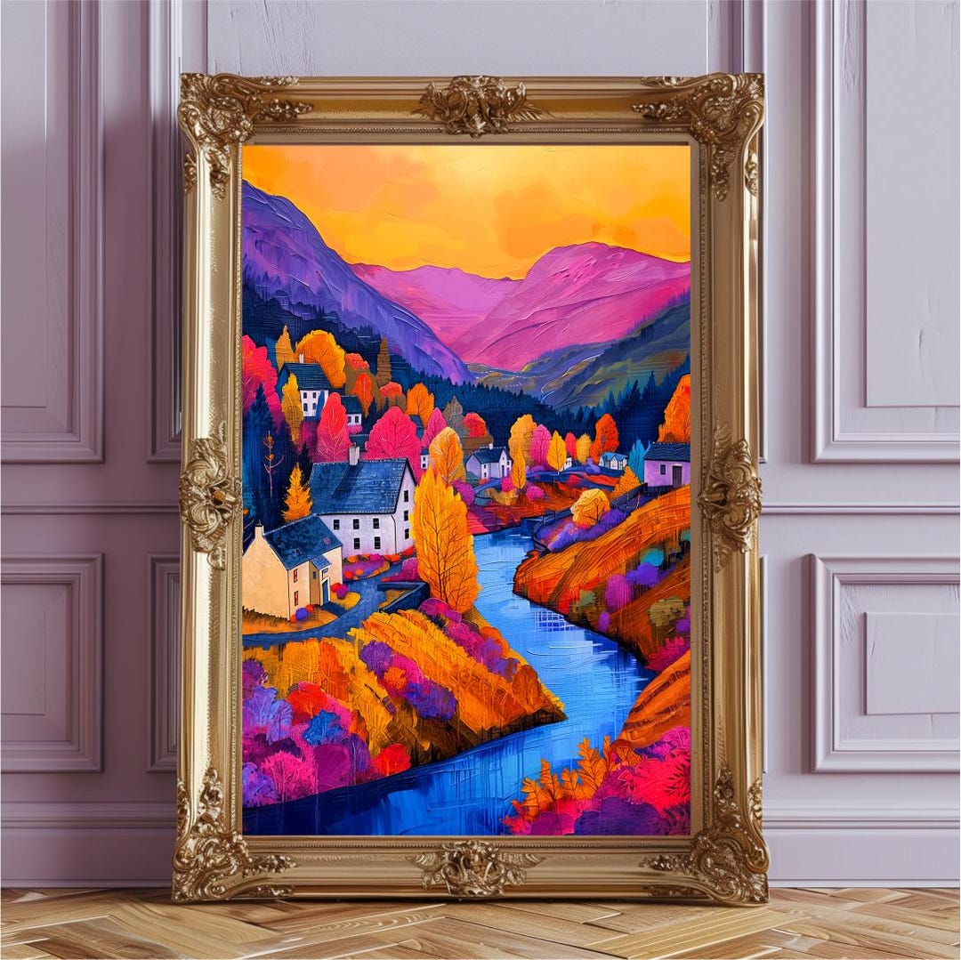 Scotland Highlands Landscape Wall Art Print, Whimsical Colorful ...