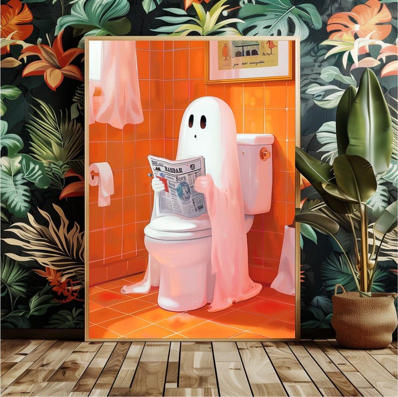 Cute Ghost on Toilet Halloween Art Print Poster, Maximalist Halloween ...