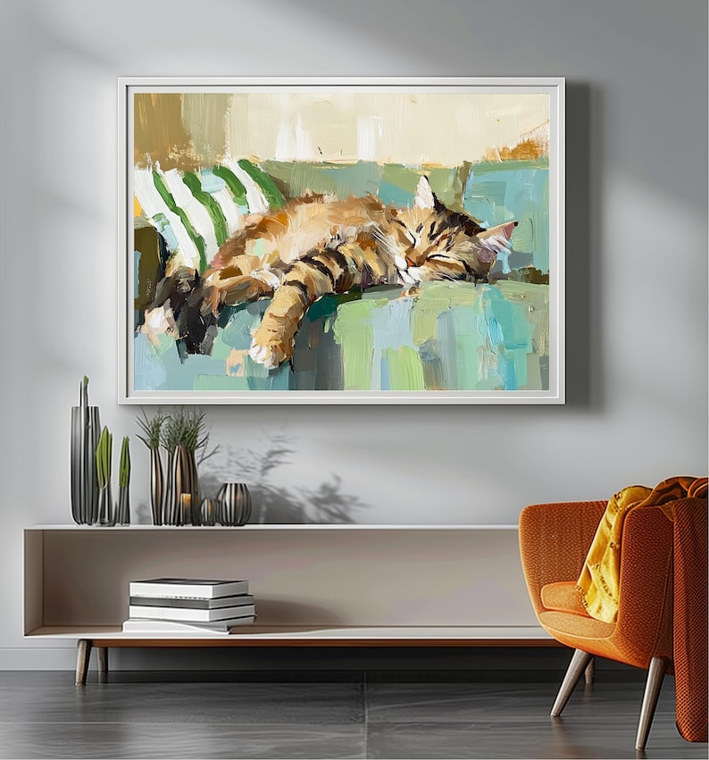 Tabby Cat Sleeping Painting, Impressionist Cat Wall Art, Green Beige ...