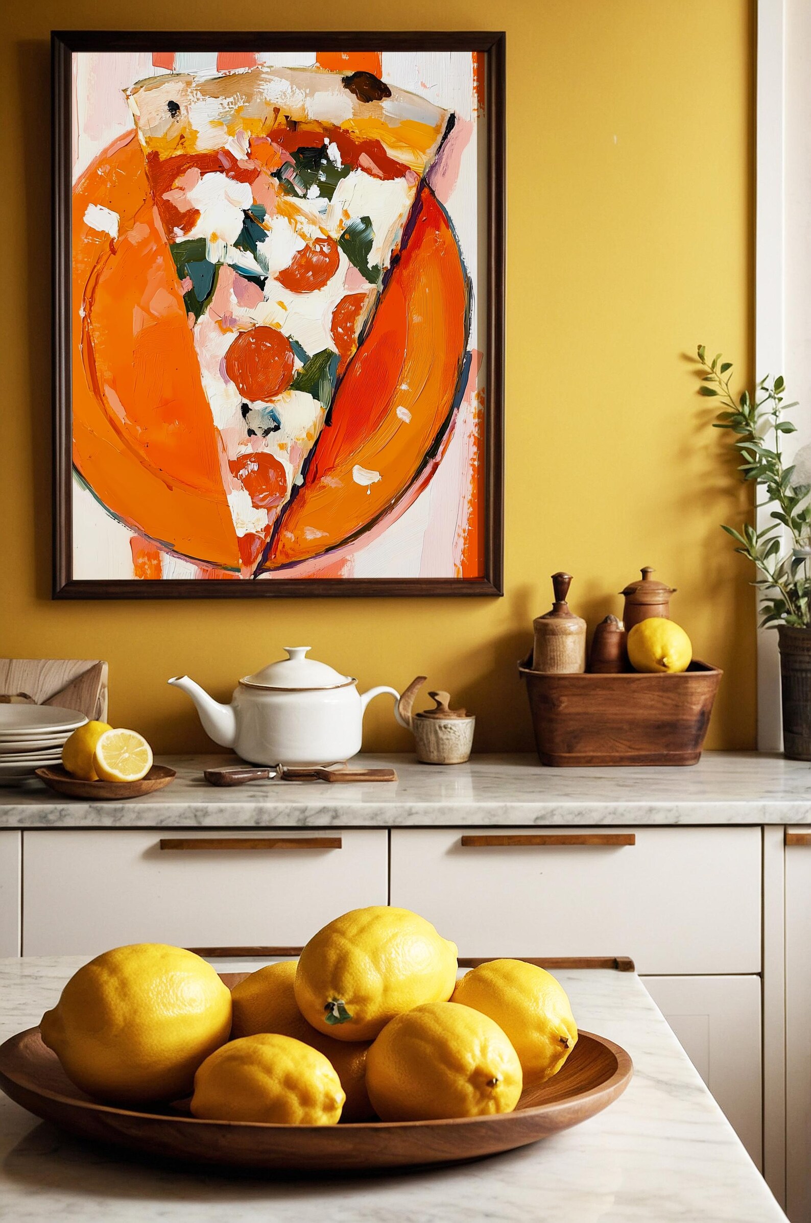 Pizza Kitchen Wall Art, Italian Food Poster, Pizza on Orange Plate ...