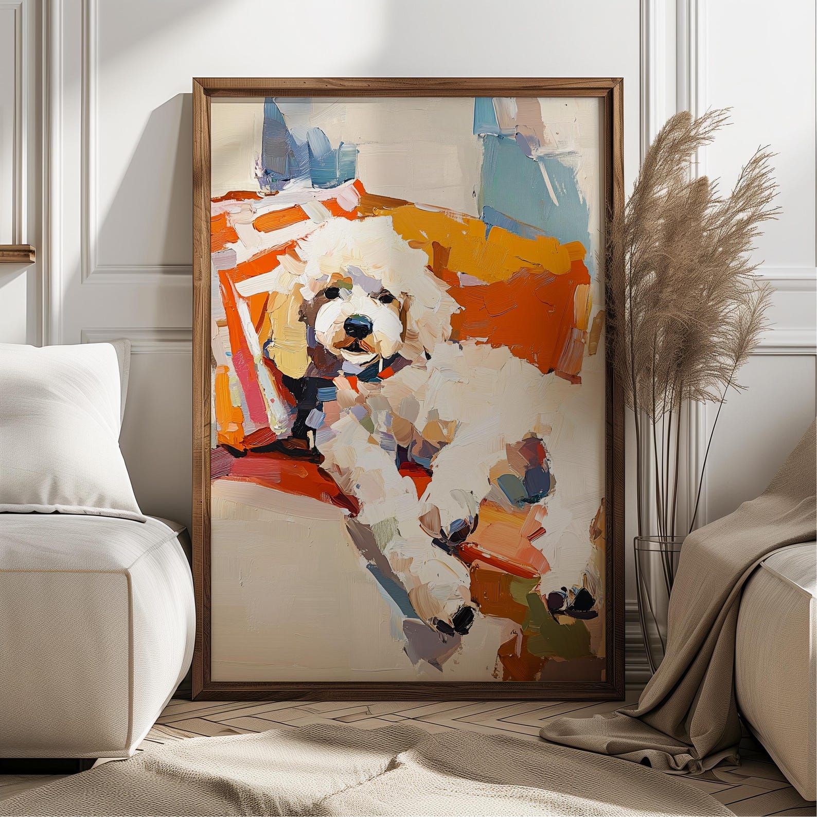 Poodle Oil Painting on Couch, Minimalist Abstract Dog Wall Art, Modern ...