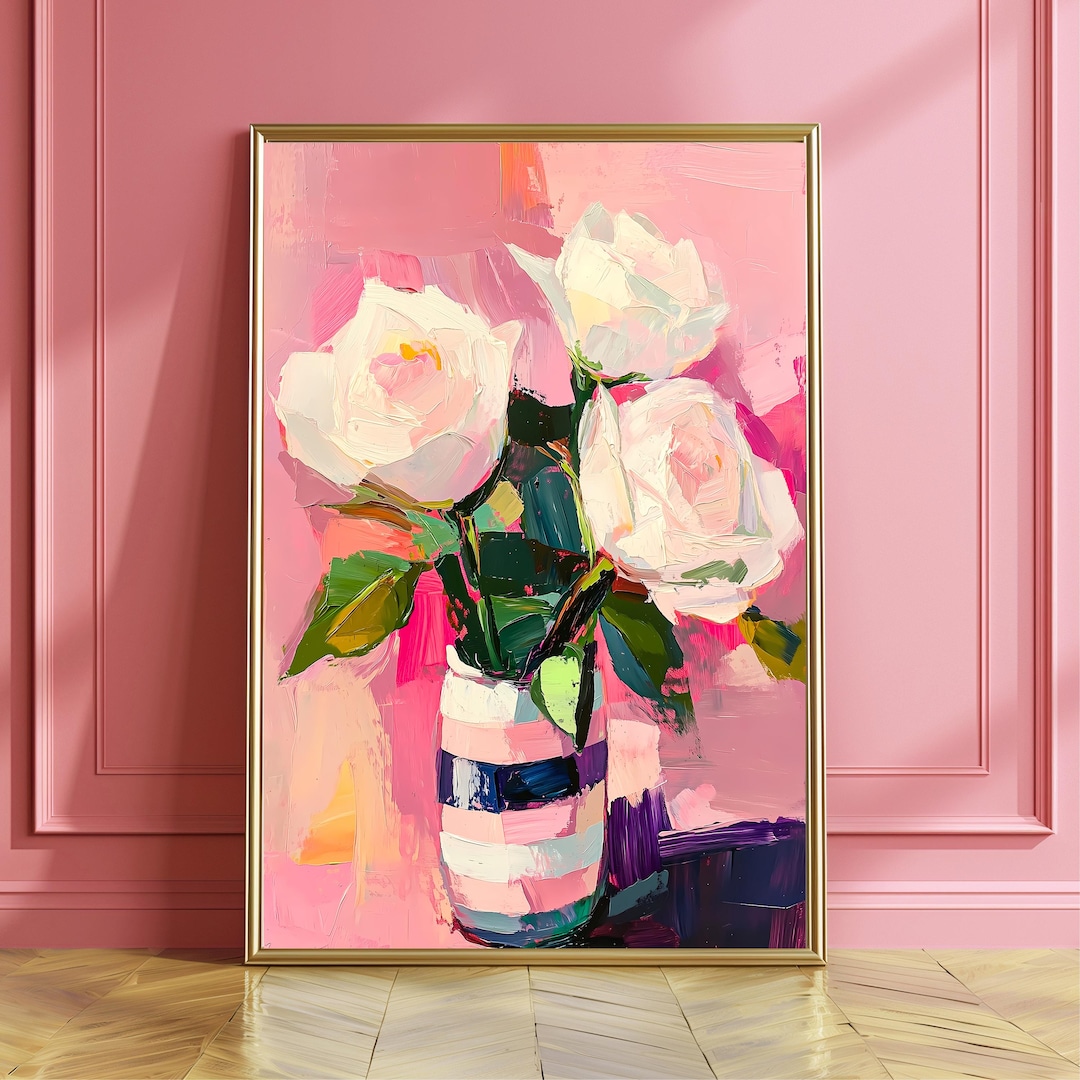 White Roses Pink Wall Art, Abstract Floral Oil Painting Print, Bold ...