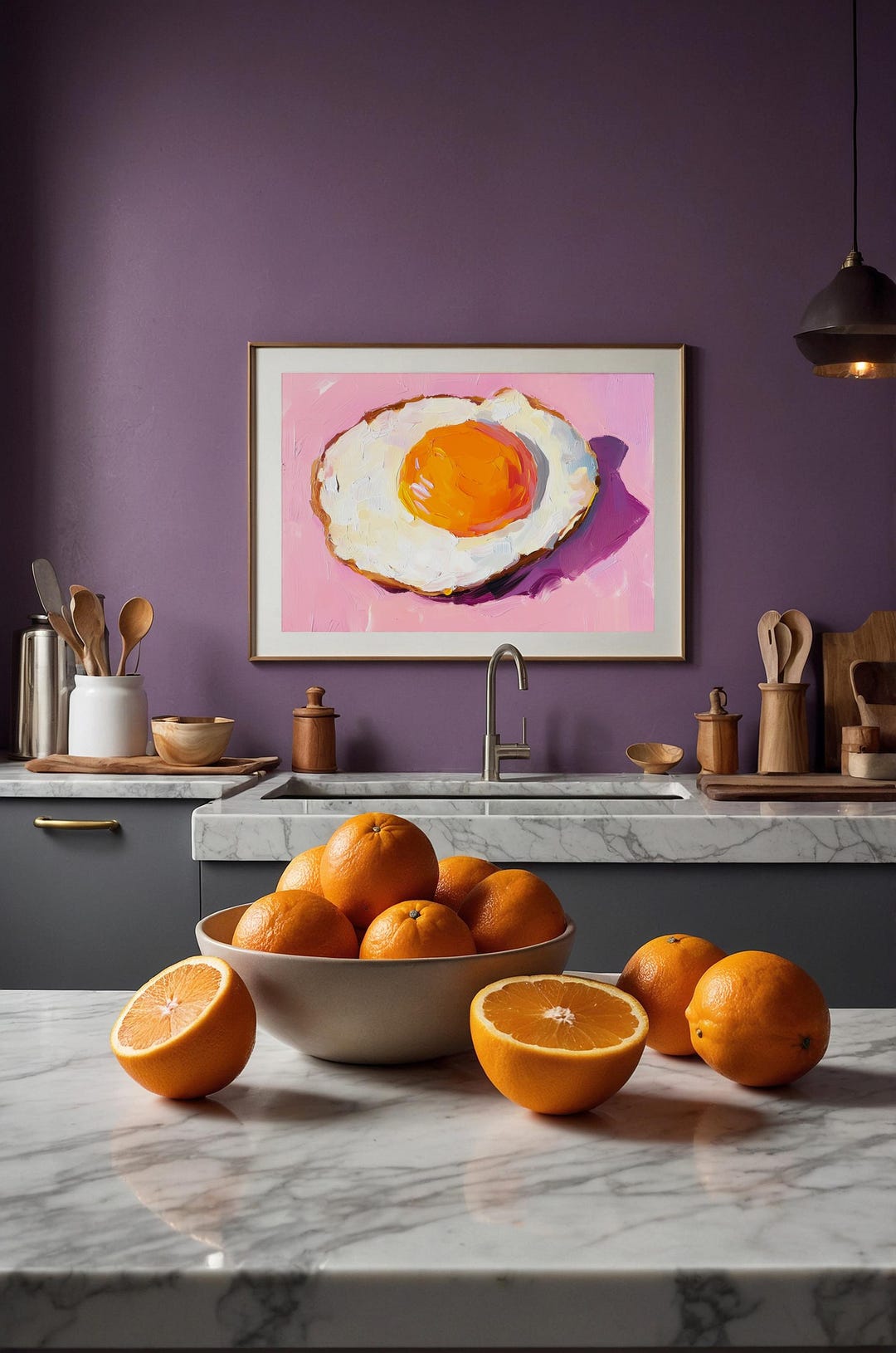Fried Egg Acrylic Still Life Poster, Pink Kitchen Wall Art, Bar Cart ...