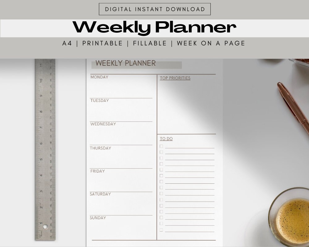 Weekly Planner A4 Portrait Printable Digital Minimal Weekly Schedule ...