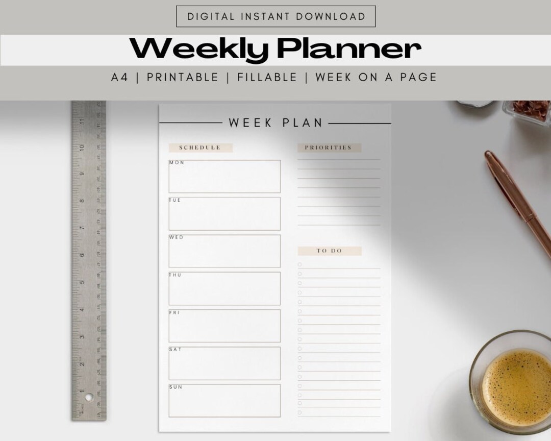 Weekly Planner A4 Portrait Printable Digital | Minimal Weekly Schedule ...