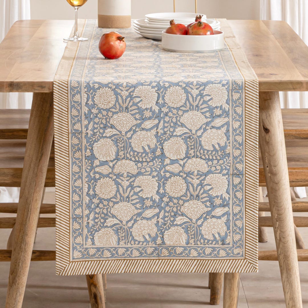Dusty Blue Table Runner, Cotton Table Centerpiece, Handcrafted ...