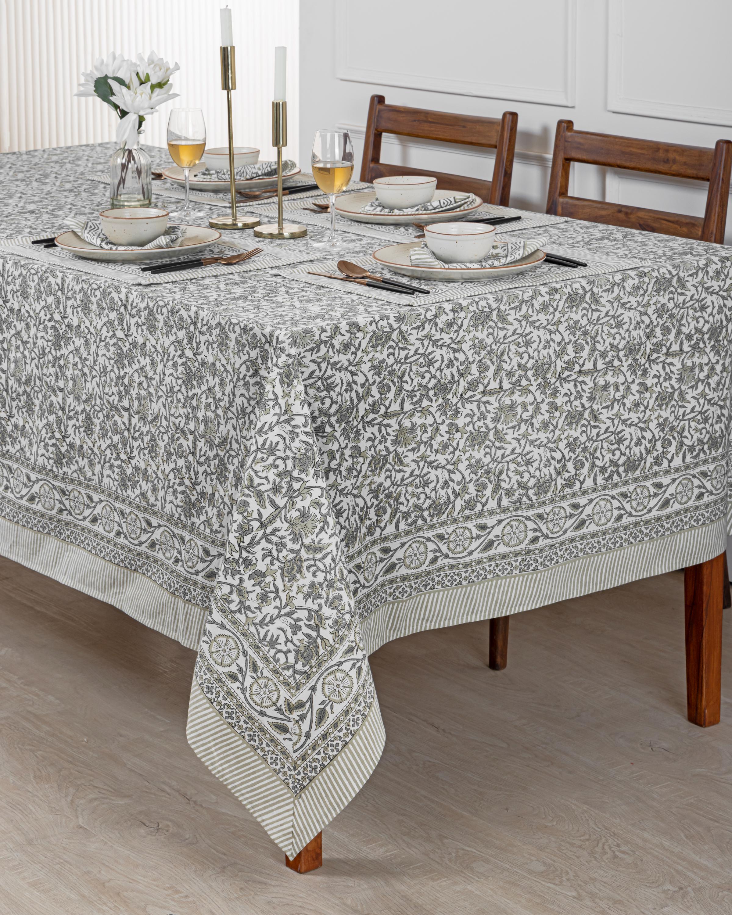 Hand Block Printed Floral Tablecloth: Taupe Grey Cotton, Boho Farmhouse ...