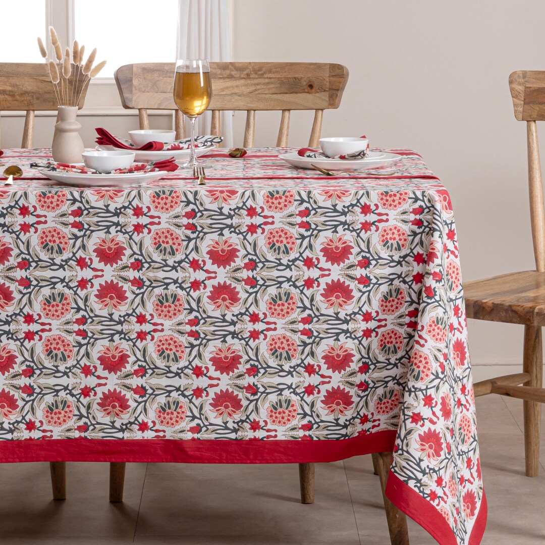 Leaf and Floral Design Table Cover, Red, Peach and Green Tablecloth ...