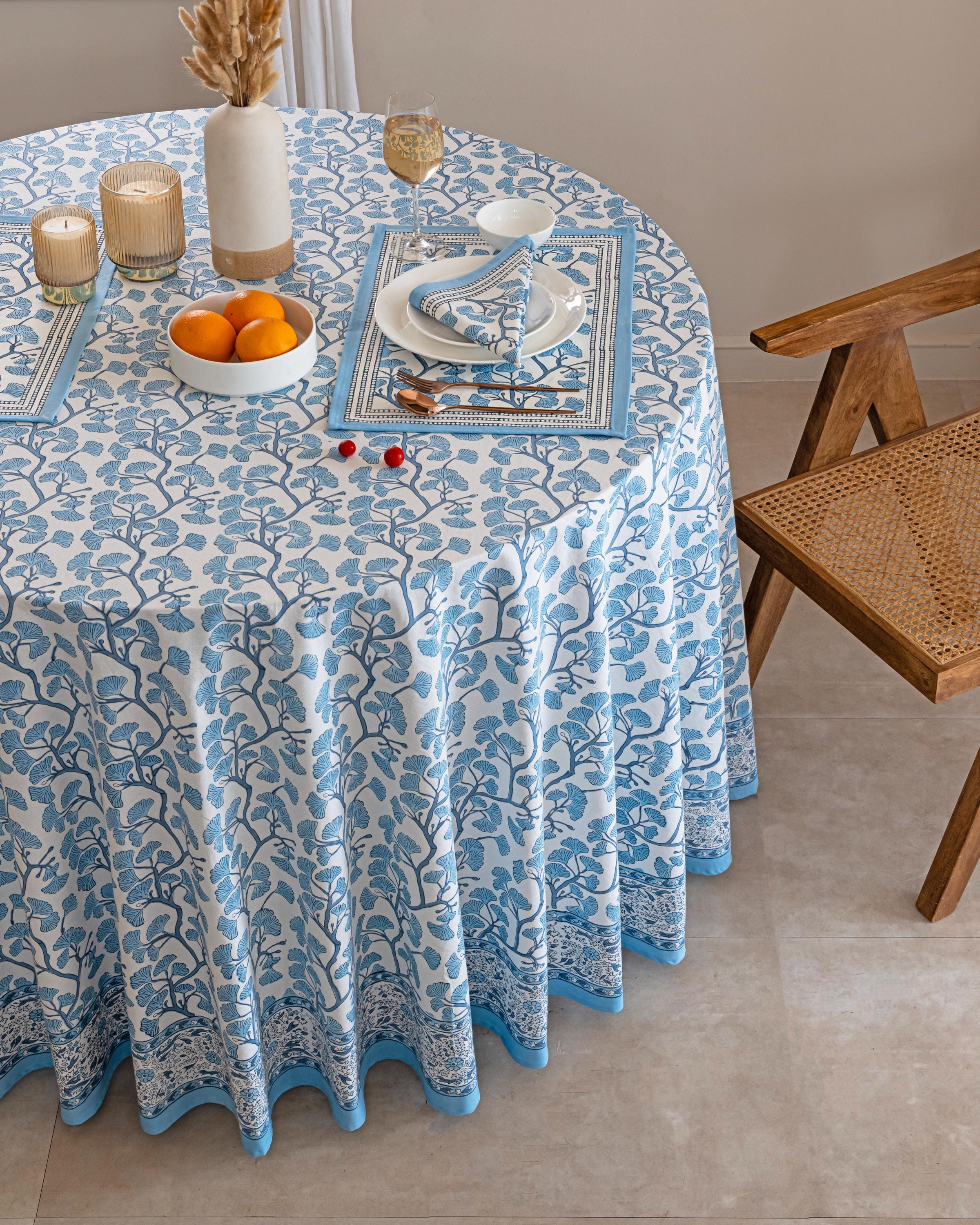 Hand Block Printed Cotton Tablecloth: Sky Blue Floral Bohemian Table ...