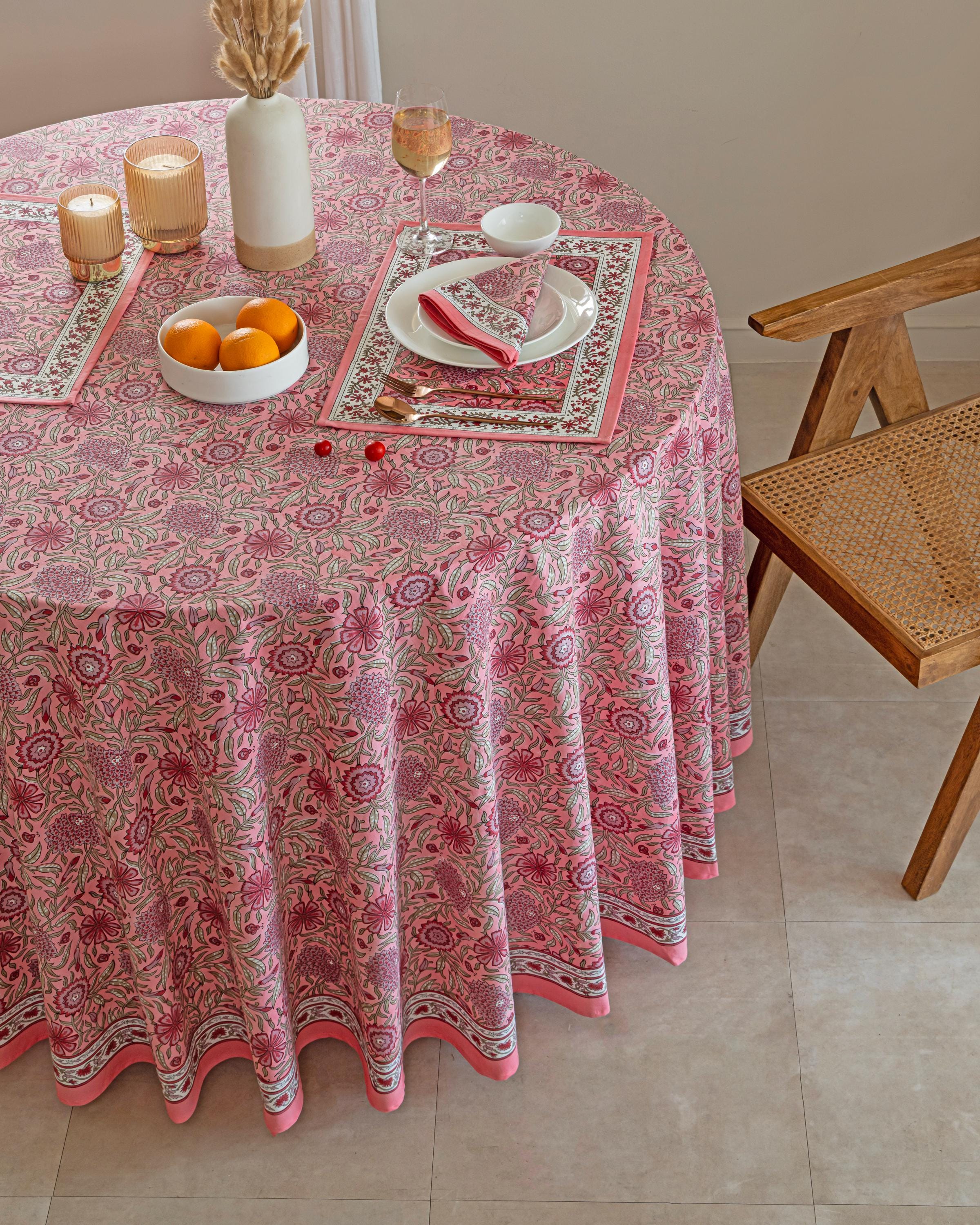 Hand Block Printed Cotton Tablecloth With Napkins: Rose Pink Floral ...