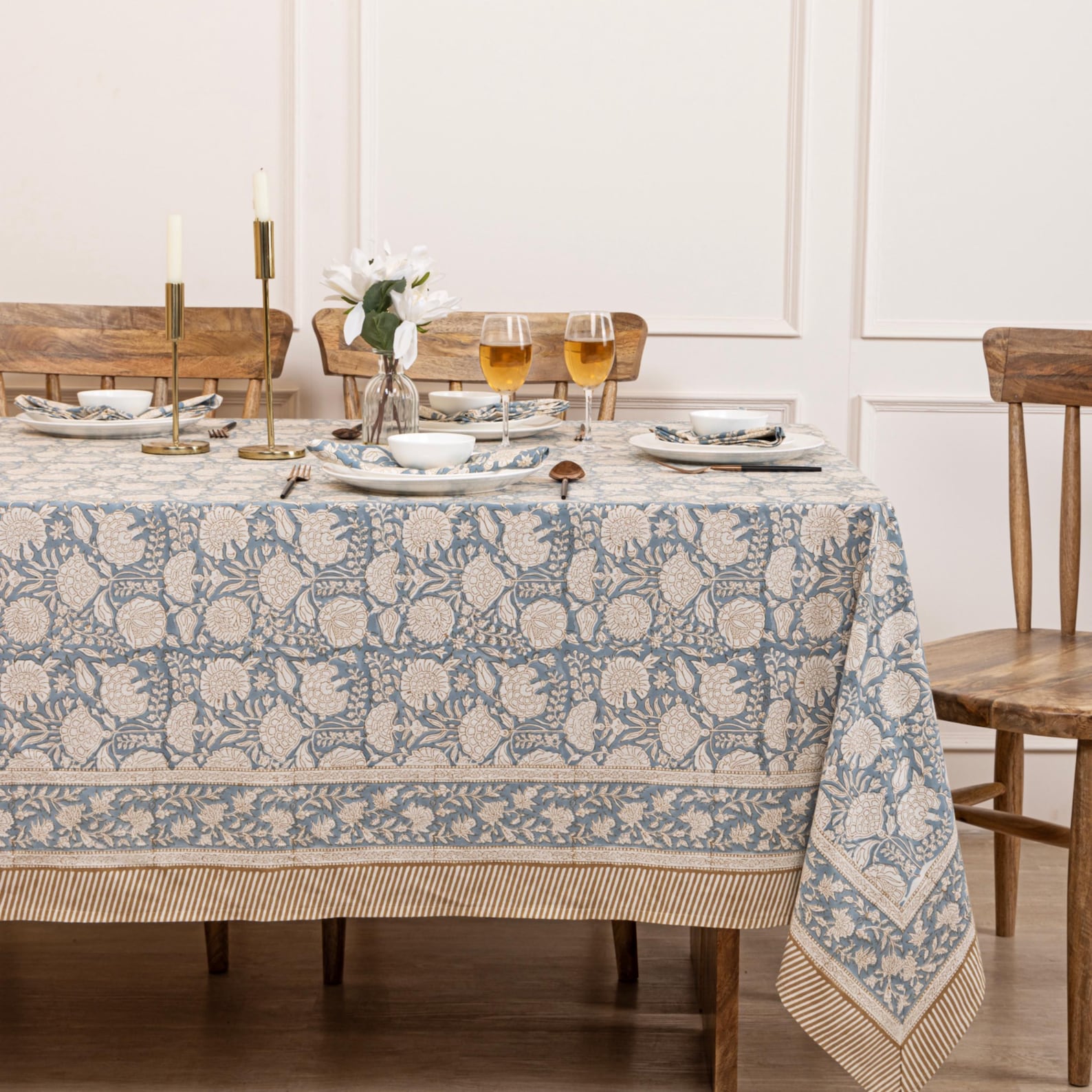 Handcrafted Dusty Blue Block Printed Tablecloth - Ideal for Dining, Rustic Wedding, Party and ...