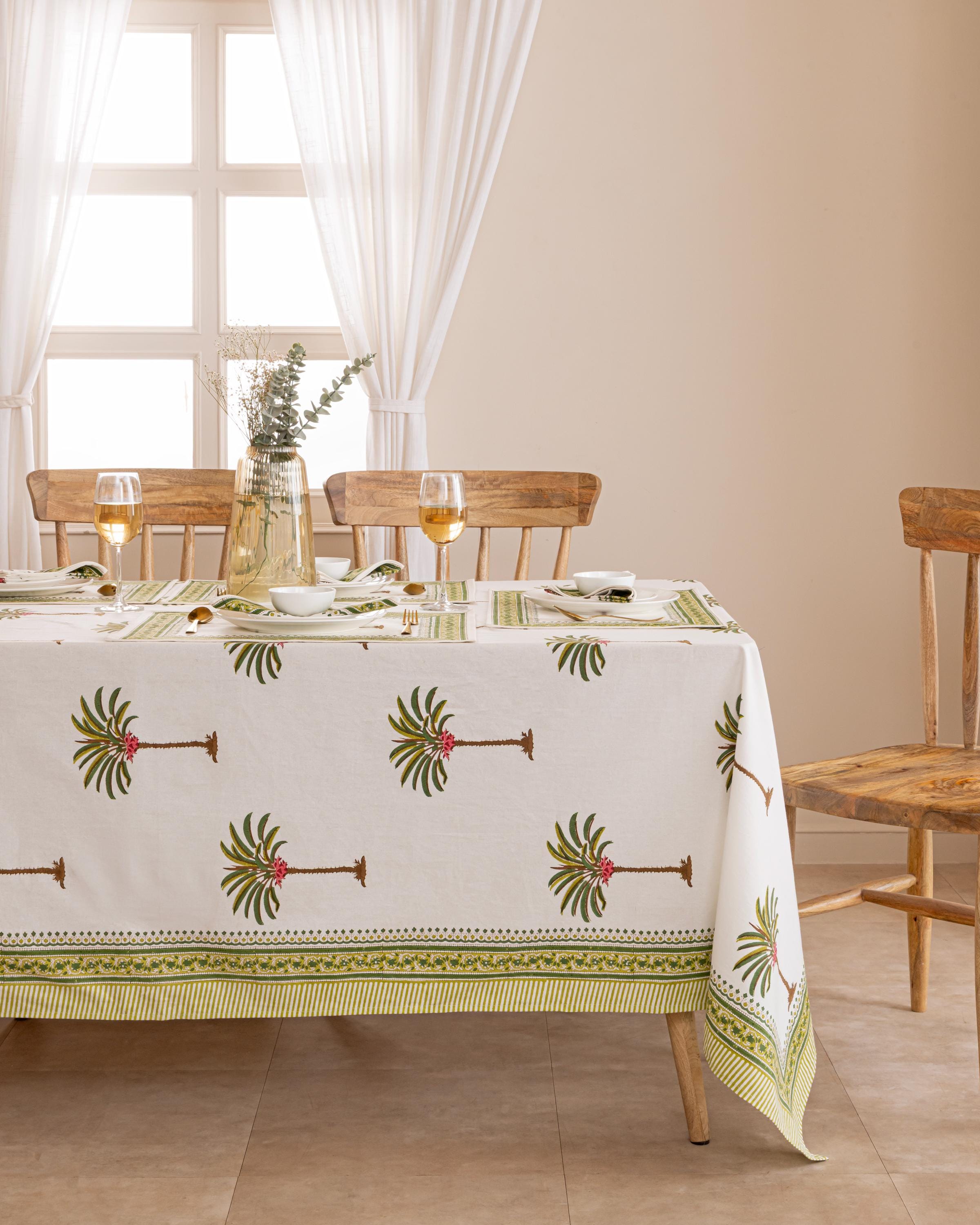 Palm Tree Design Green Rectangular Tablecloth, Handmade Blockprint Table Linen, Luxury Table ...