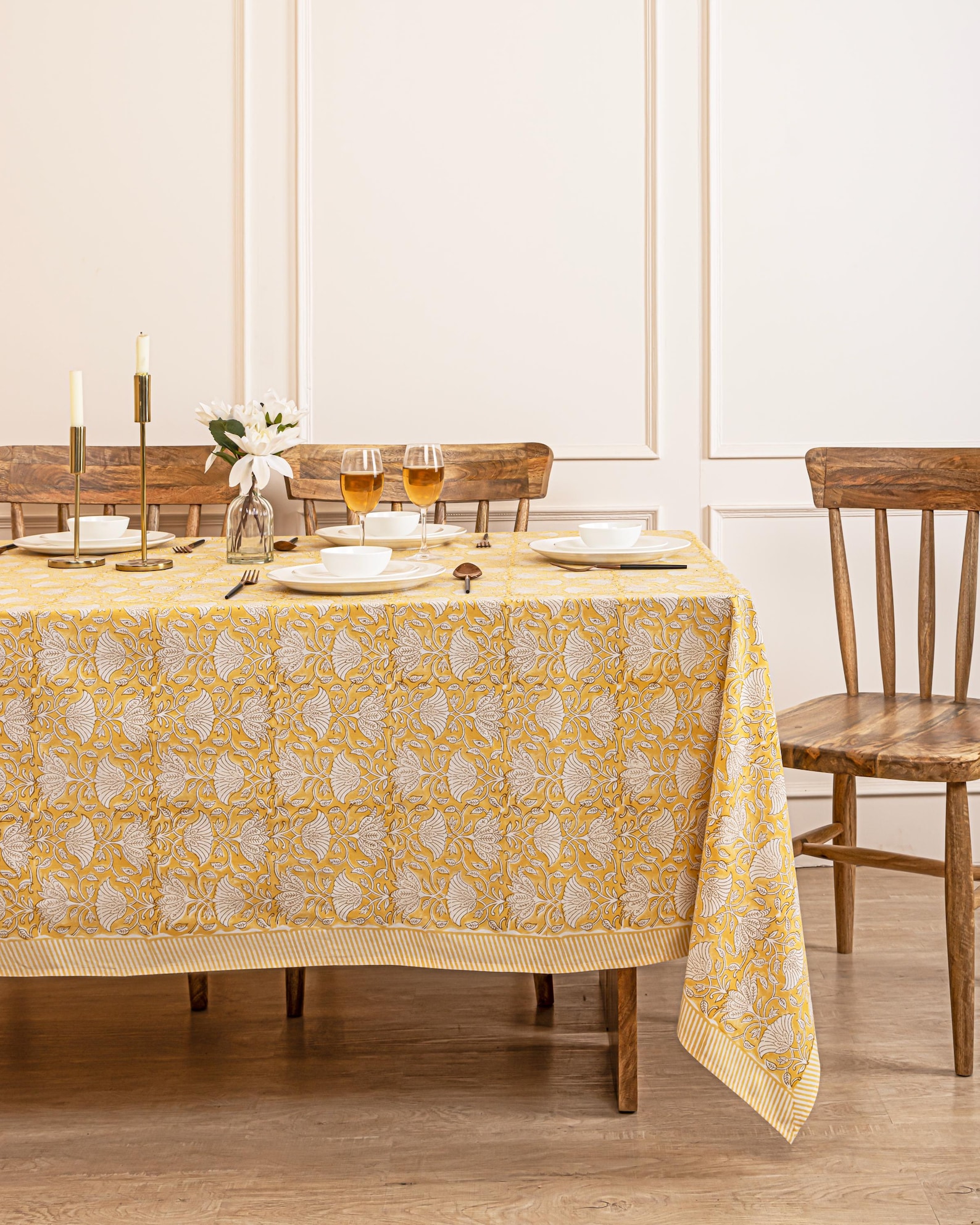 Hand Block Printed Mustard Yellow & White Tablecloth, Table Decor Linen ...