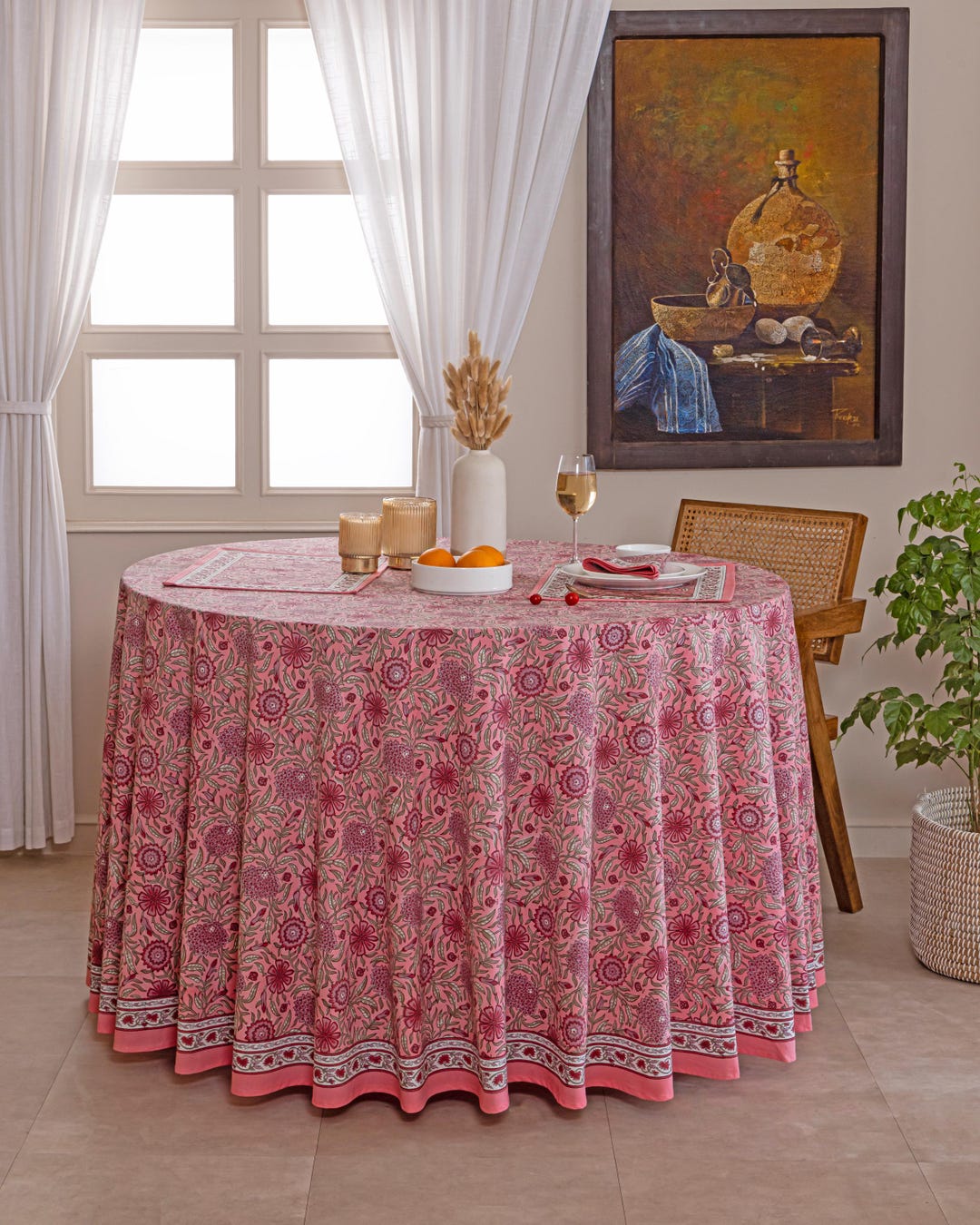 Hand Block Printed Cotton Tablecloth With Napkins: Rose Pink Floral ...