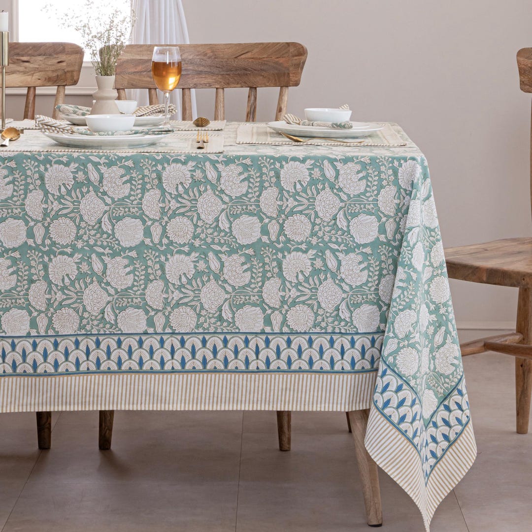 Light Sage Floral Block Print Tablecloth: 100% Cotton Table Linen - Etsy