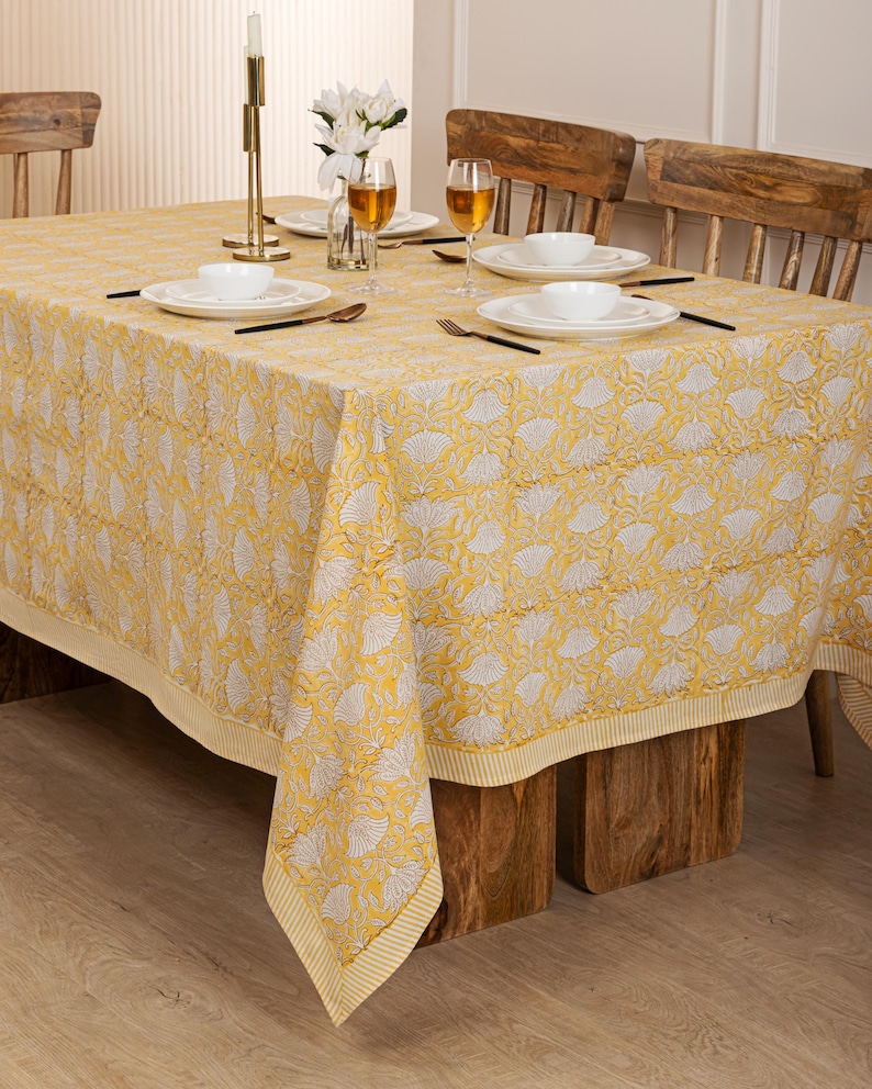 Hand Block Printed Mustard Yellow & White Tablecloth, Table Decor Linen ...