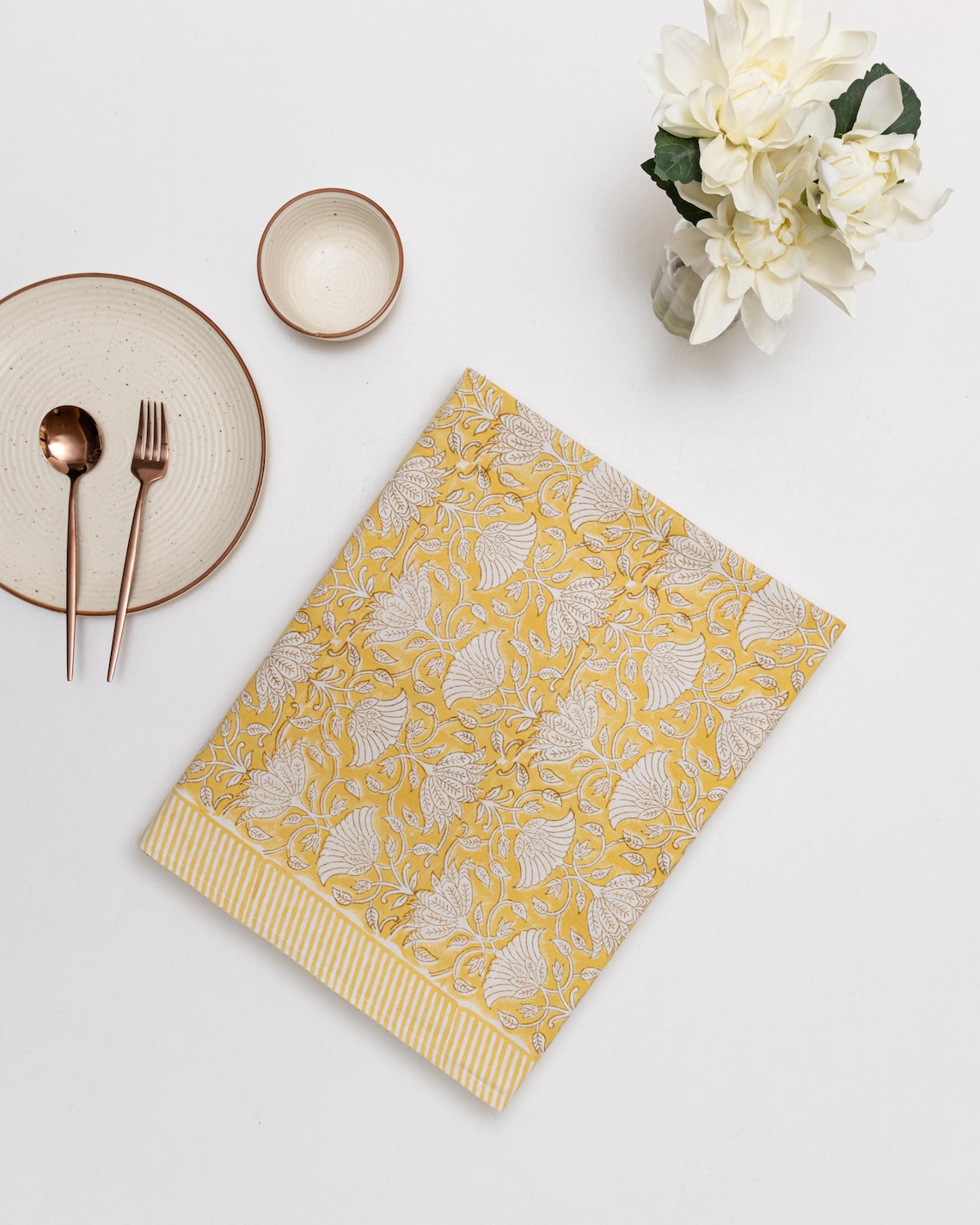 Hand Block Printed Mustard Yellow & White Tablecloth, Table Decor Linen ...