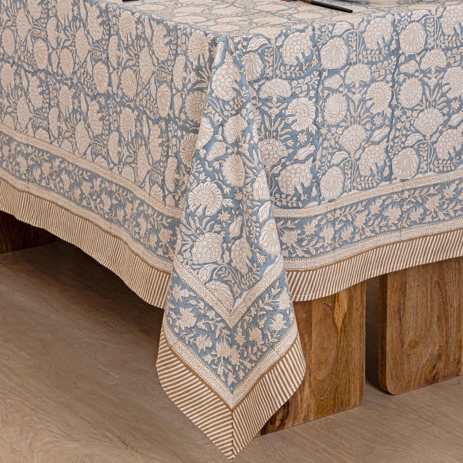 Handcrafted Dusty Blue Block Printed Tablecloth - Ideal for Dining ...
