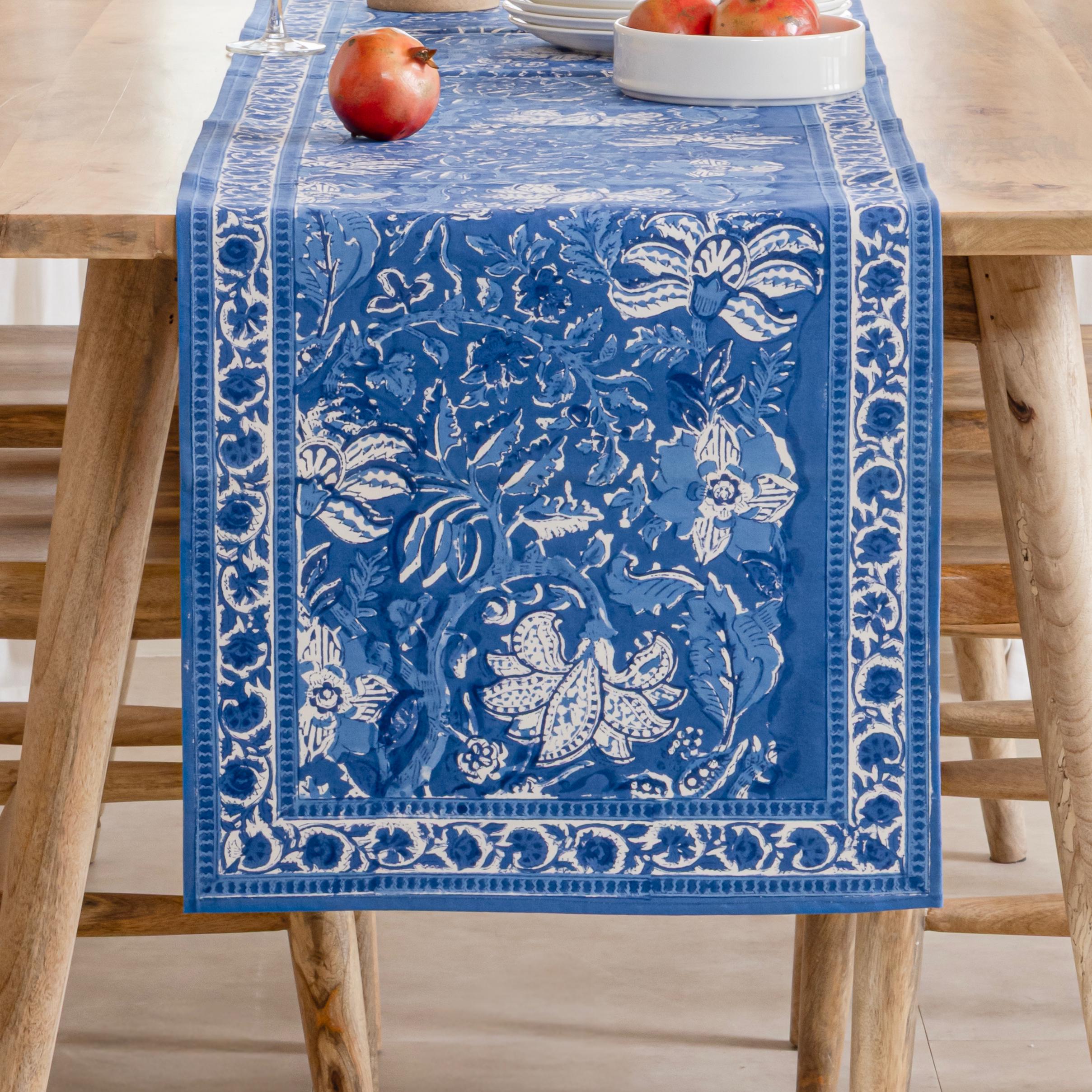 Royal Blue Floral Block Print Table Runner | Handprinted Cotton Indian ...
