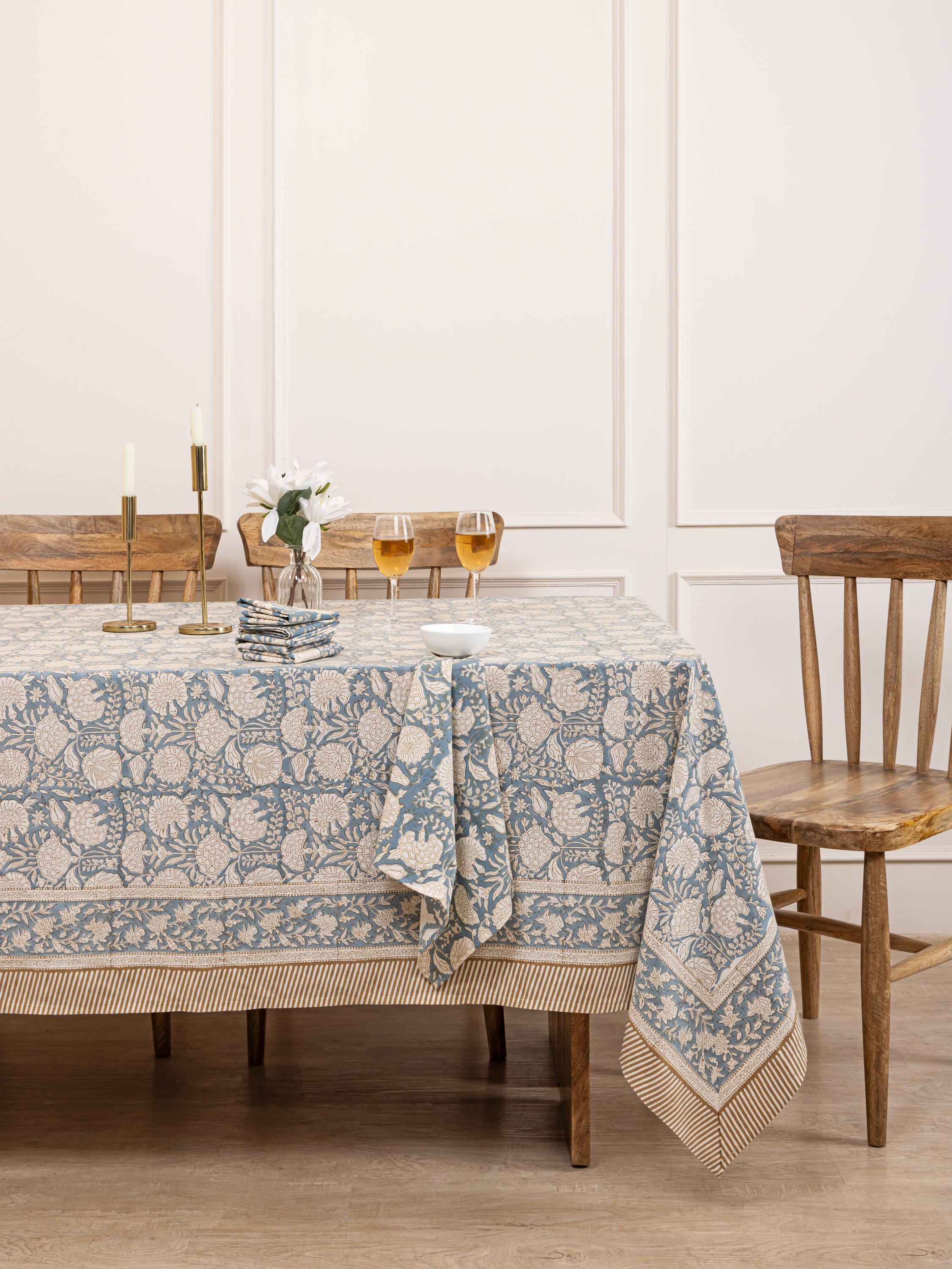Handcrafted Dusty Blue Block Printed Tablecloth - Ideal for Dining ...