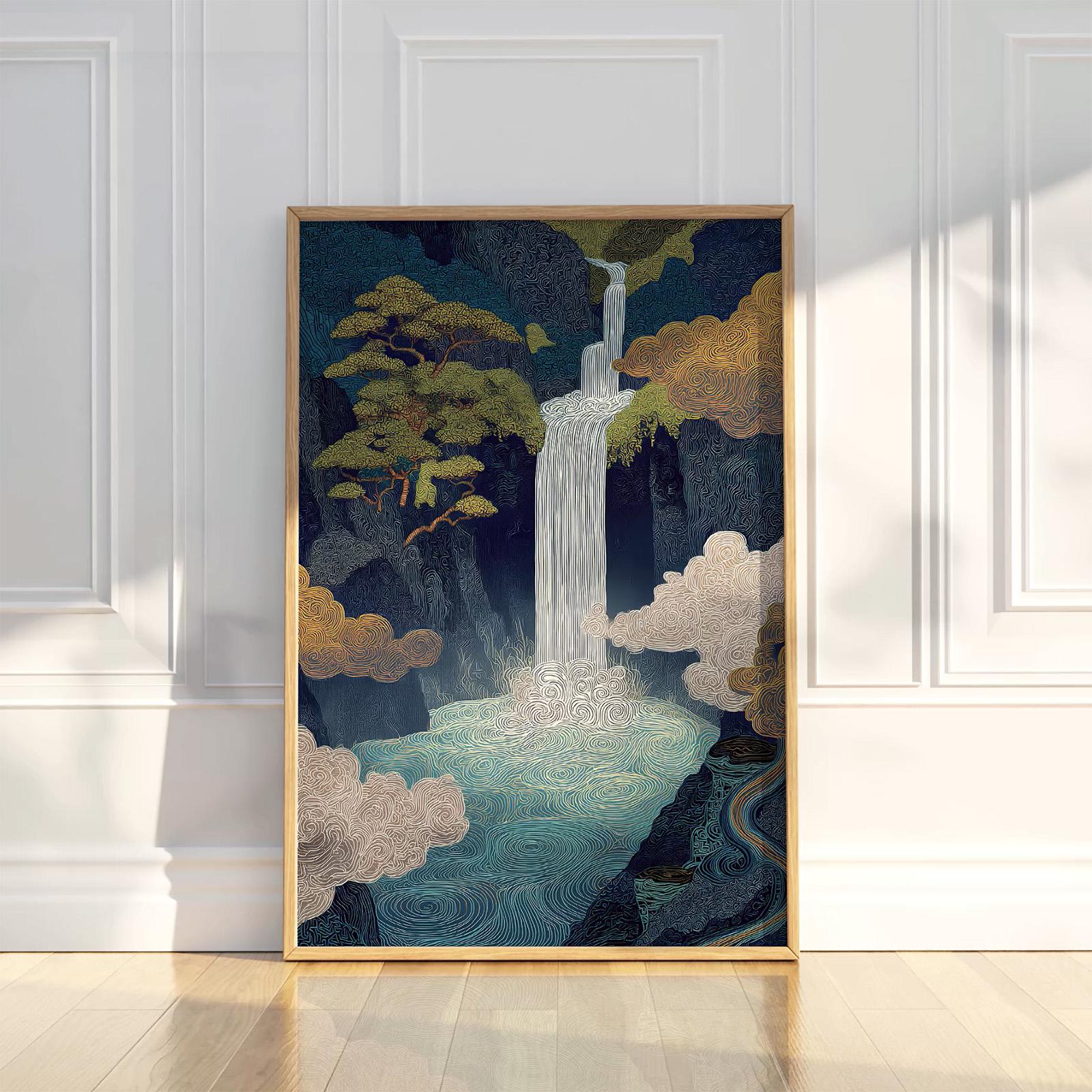 Mystic Waterfall in Swirling Clouds - Japanese Rinpa Wall Art Print - Etsy