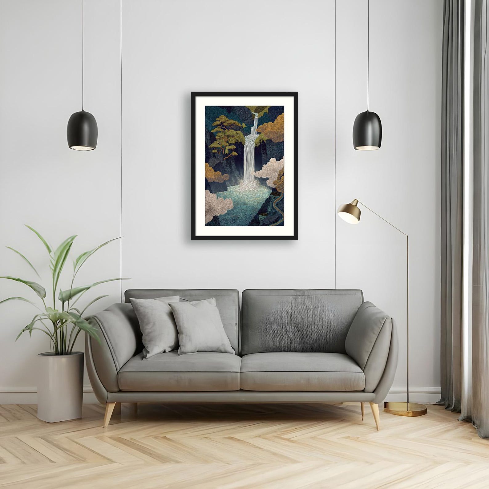 Mystic Waterfall in Swirling Clouds - Japanese Rinpa Wall Art Print - Etsy