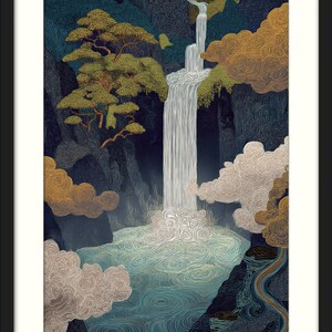 Mystic Waterfall in Swirling Clouds - Japanese Rinpa Wall Art Print - Etsy