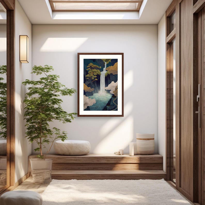 Mystic Waterfall in Swirling Clouds - Japanese Rinpa Wall Art Print - Etsy