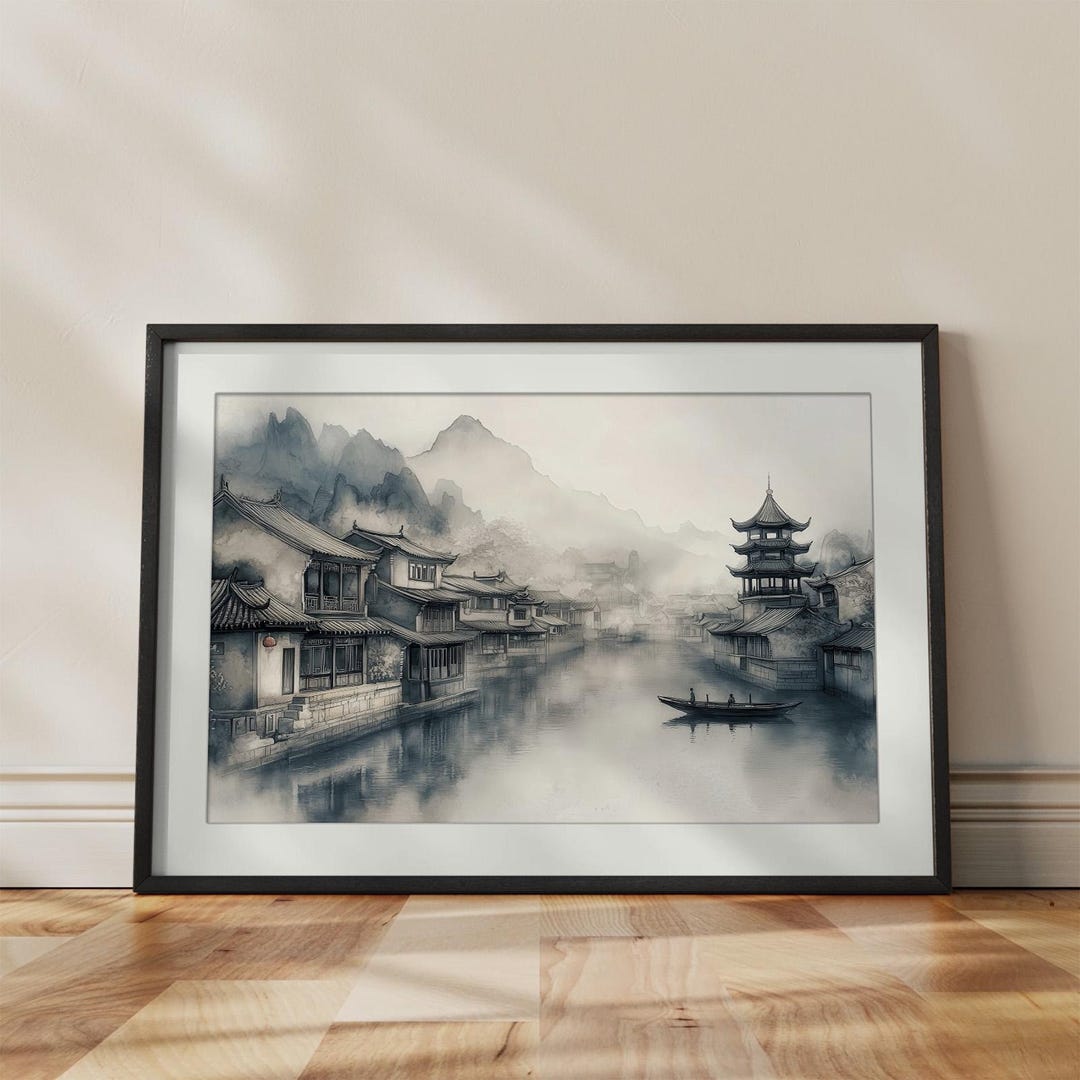 Japanese Water Scene | Ink Wash Style Wall Print | Sumi E Inspired Wall ...