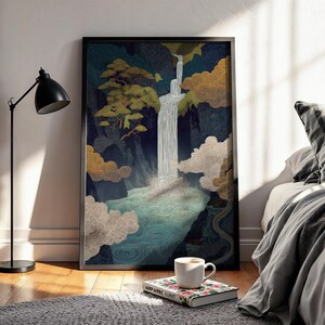 Mystic Waterfall in Swirling Clouds - Japanese Rinpa Wall Art Print - Etsy