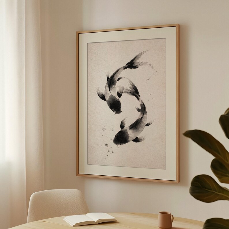 Koi Fish Wall Art Print: Black White Japanese Ink Style - Etsy UK