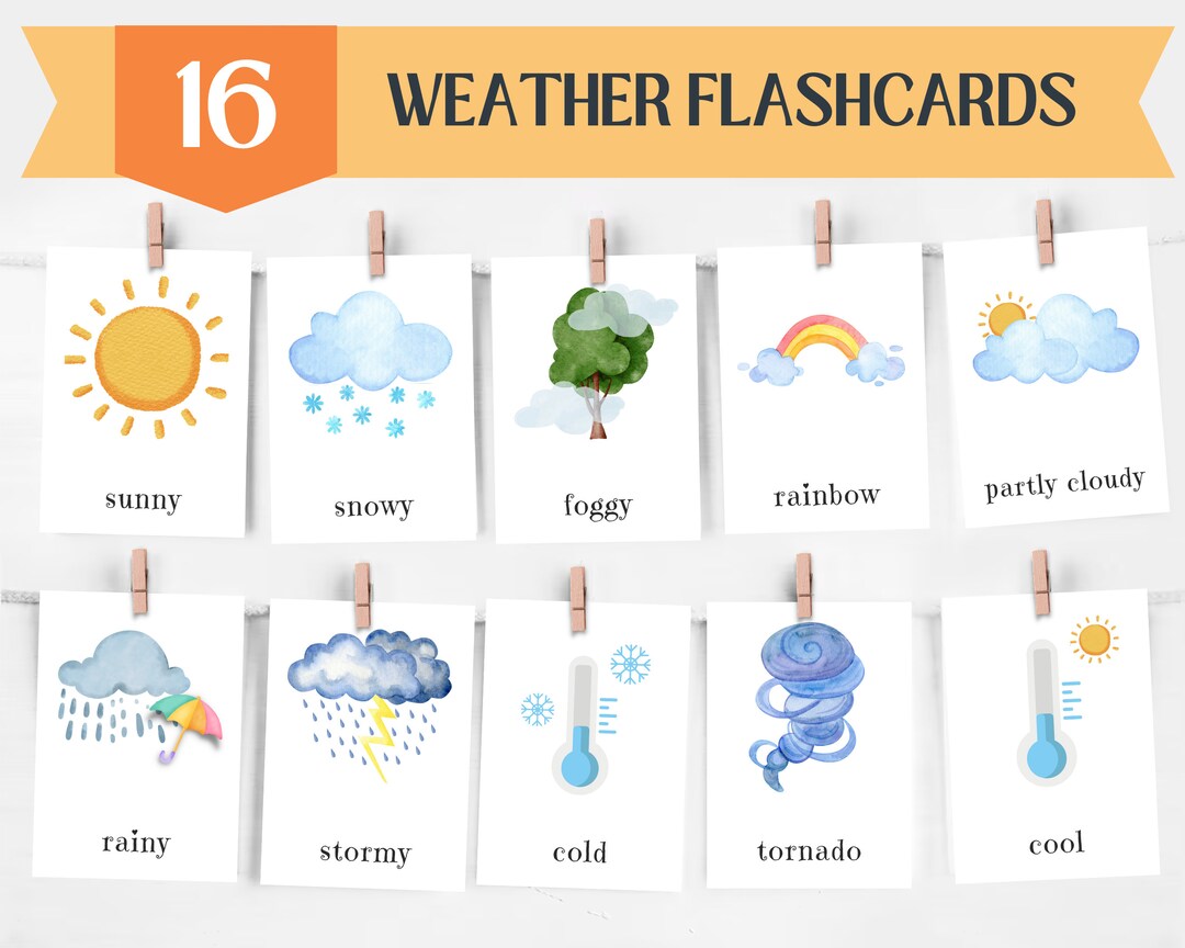 16 Weather Cards Montessori Flashcards Pre-school Cards Rainbow ...