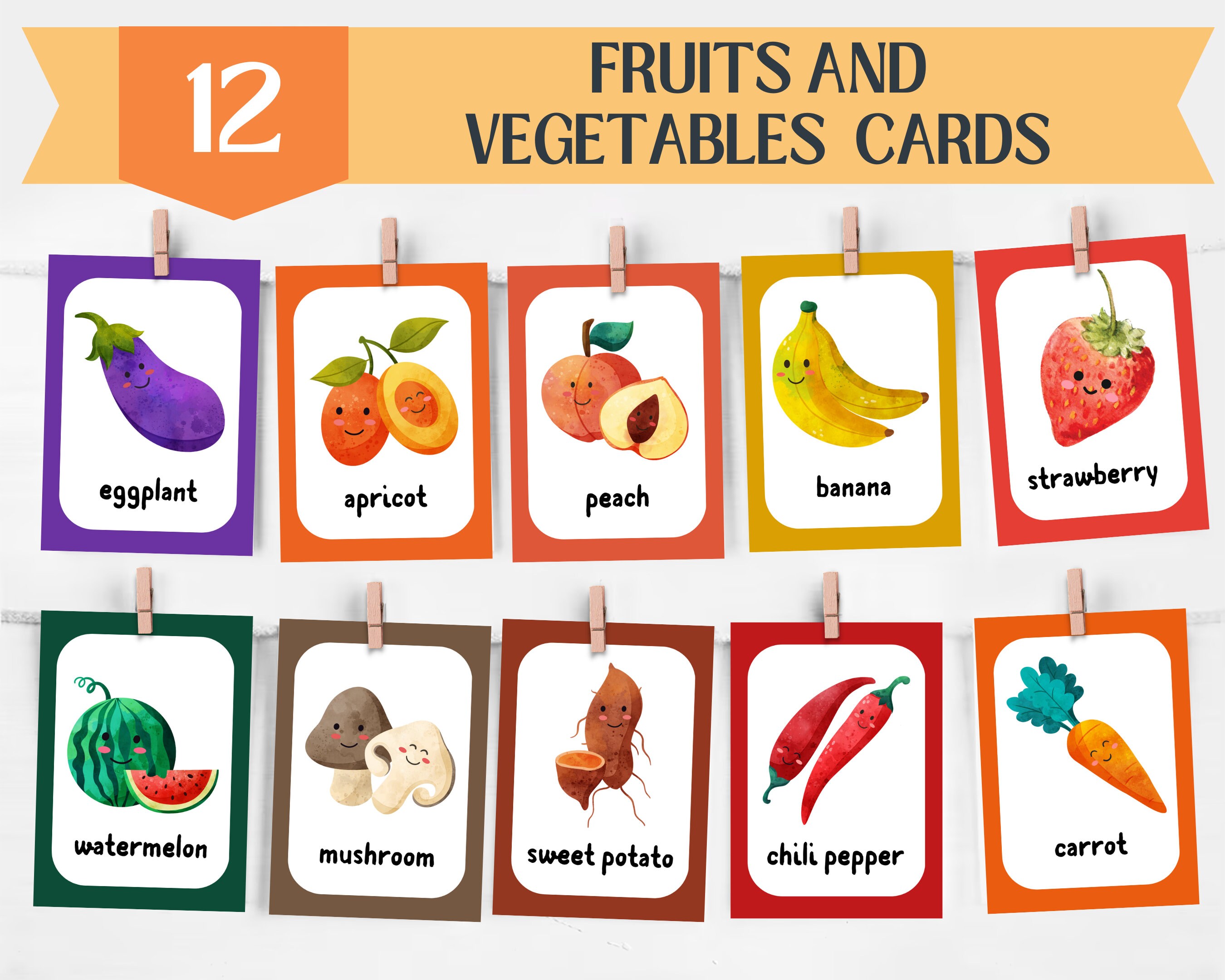 Fruits and Vegetables Cards Montessori Flashcards Pre-school Cards ...