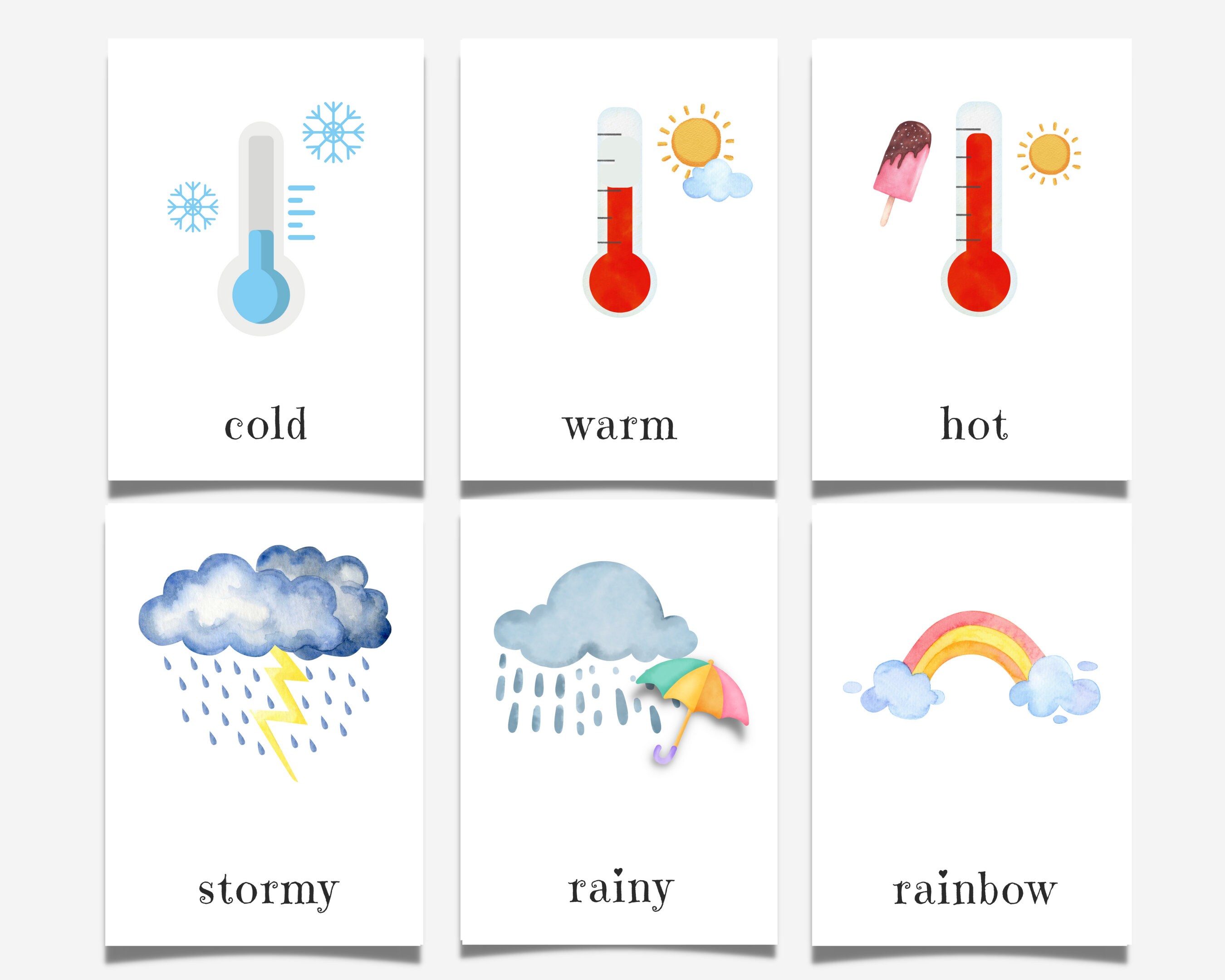 16 Weather Cards Montessori Flashcards Pre-school Cards Rainbow ...